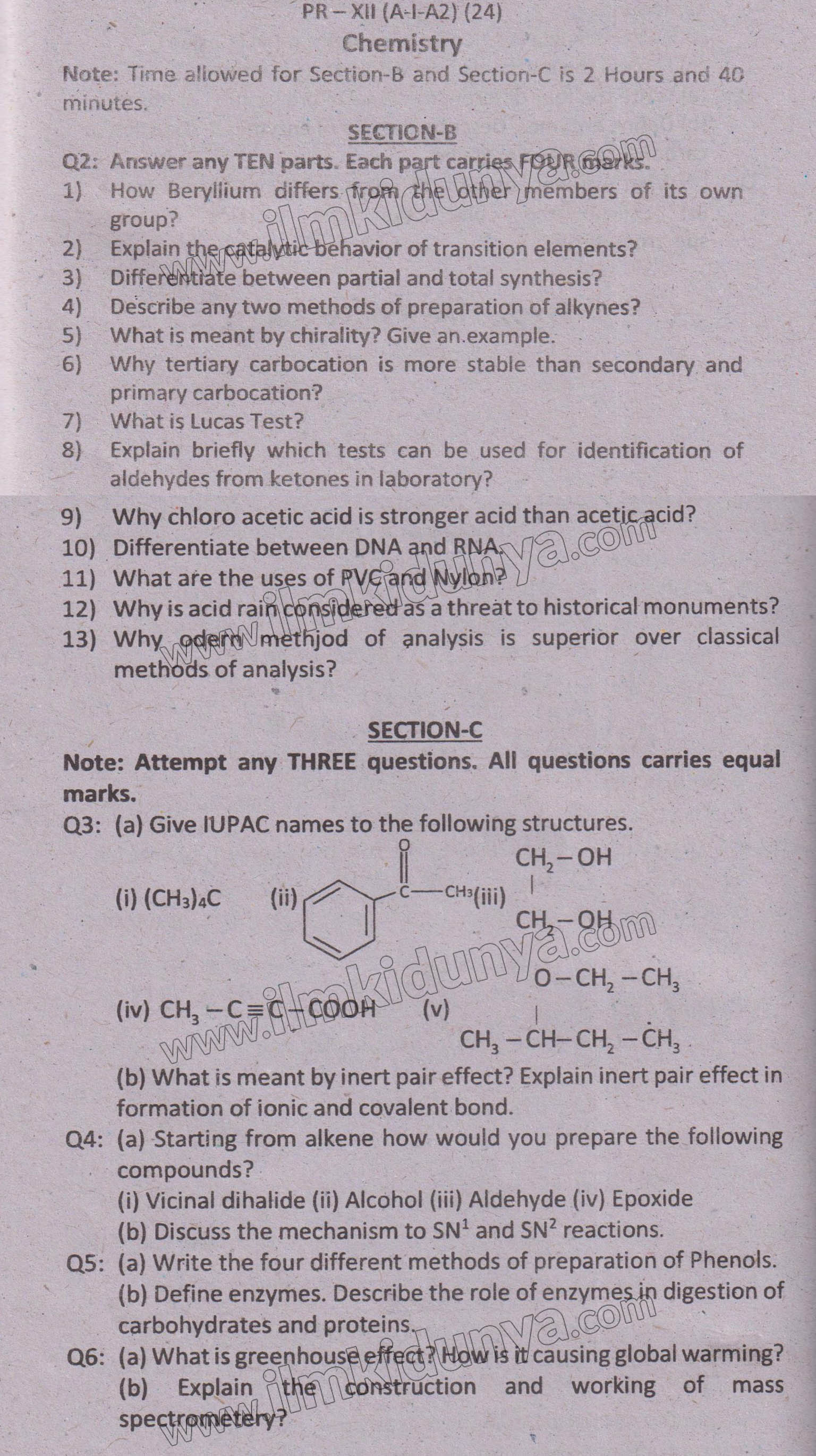 Past Paper 2024 12th Class Peshawar Board Chemistry English Medium ...