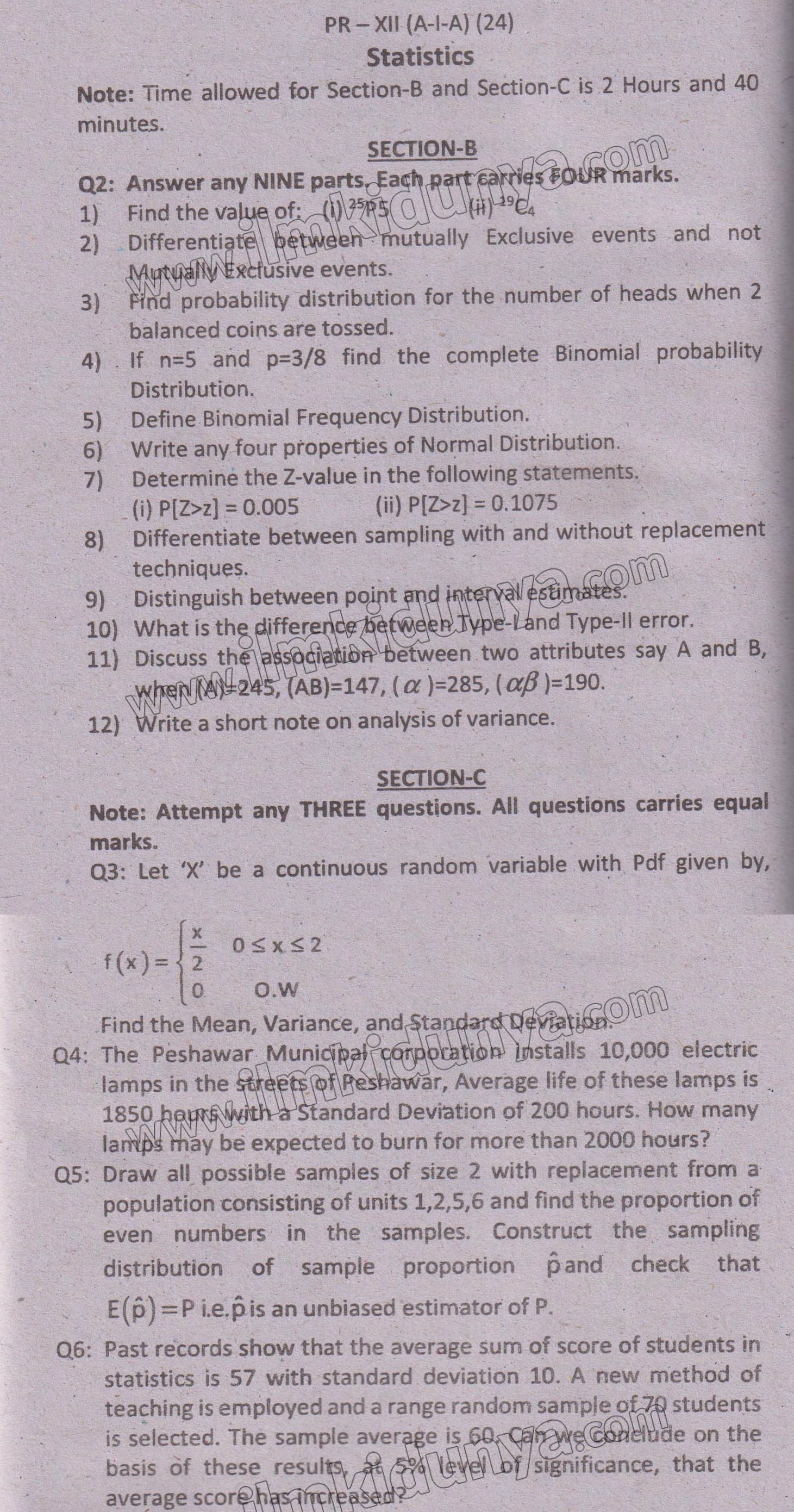 Past Paper 2024 12th Class Peshawar Board Statistics English Medium ...