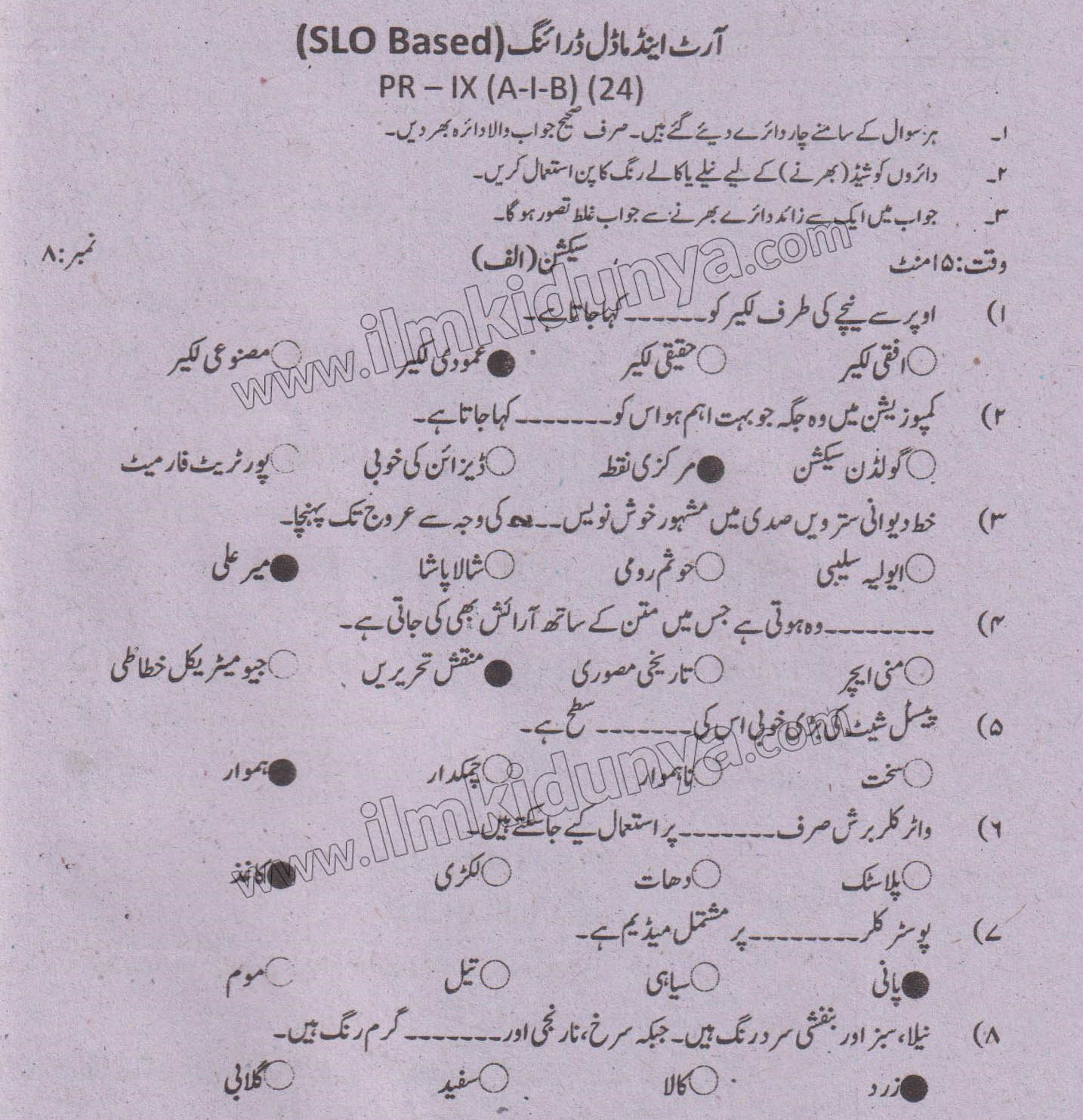 Past Paper 2024 9th Class Peshawar Board Art and Model Drawing Objective