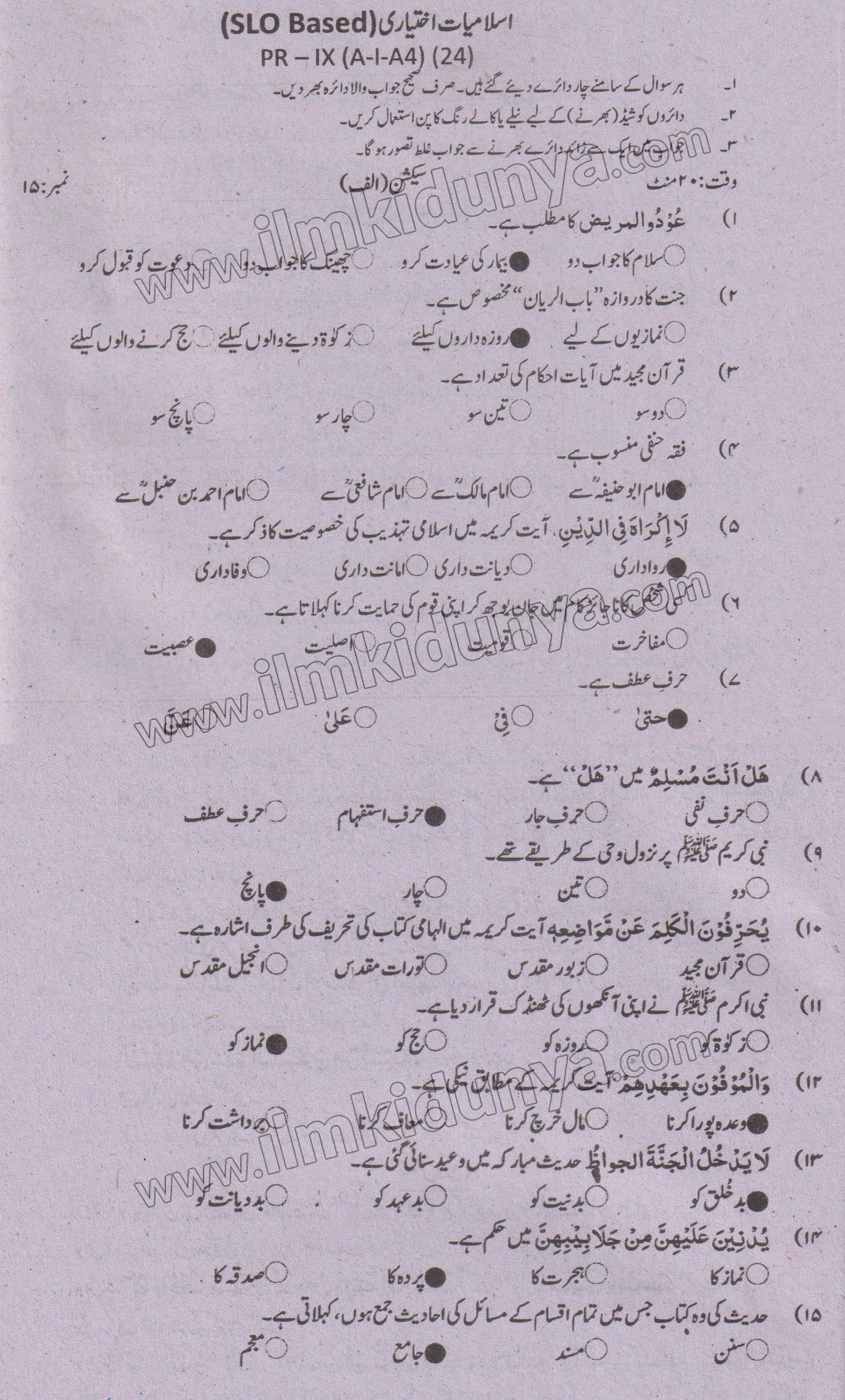 Past Paper 2024 9th Class Peshawar Board Islamiat Elective Objective