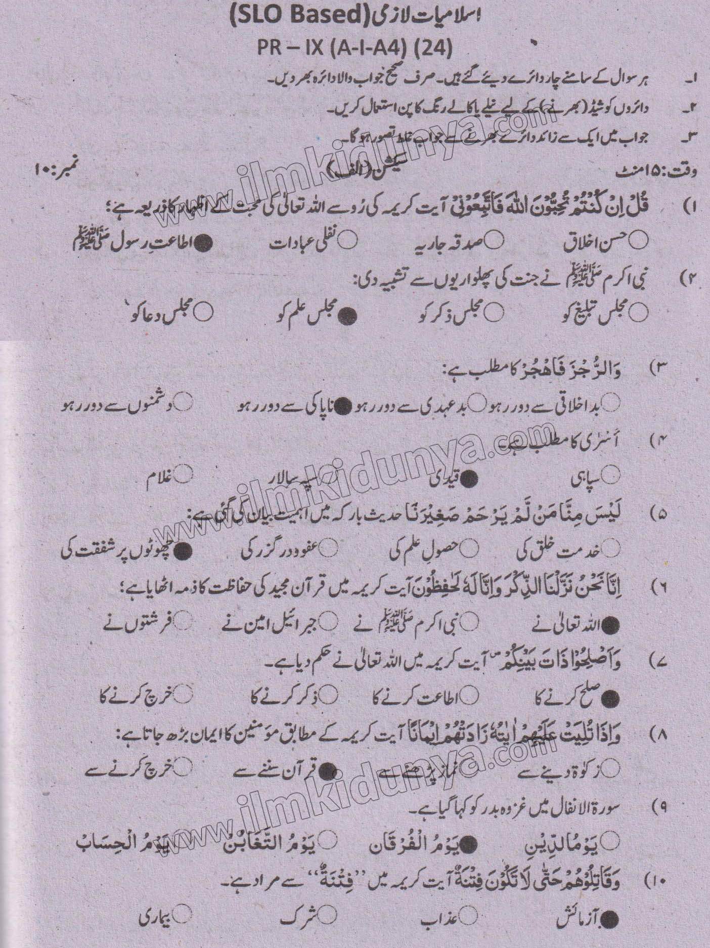 Past Paper 2024 9th Class Peshawar Board Islamiat Objective