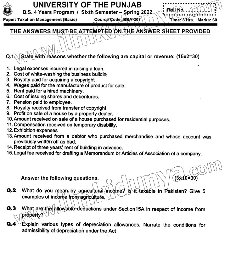 Past Paper BBA Sixth Semester Punjab University Taxation Management ...