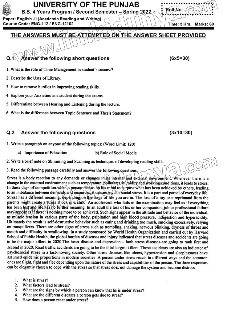 Past Paper BBA 2nd year Punjab University Functional English Subjective ...