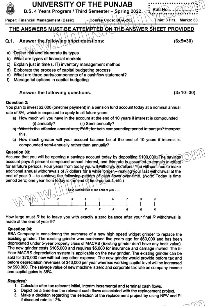 Past Paper BBA 3rd year Punjab University Data Principles of Management ...