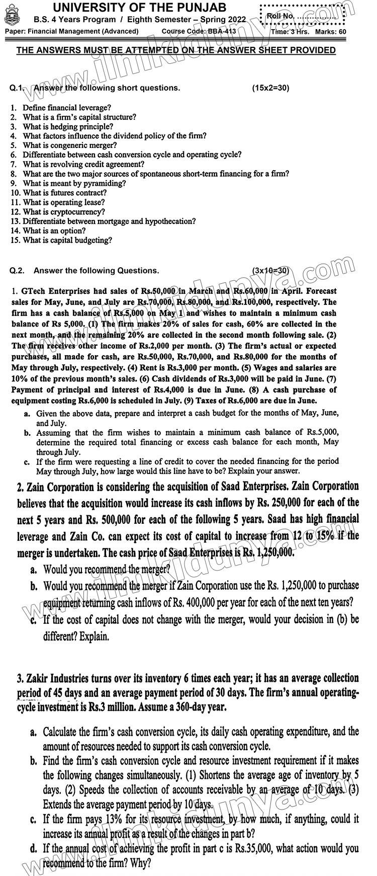 Past Paper BBA Eighth Semester Punjab University Financial Management ...