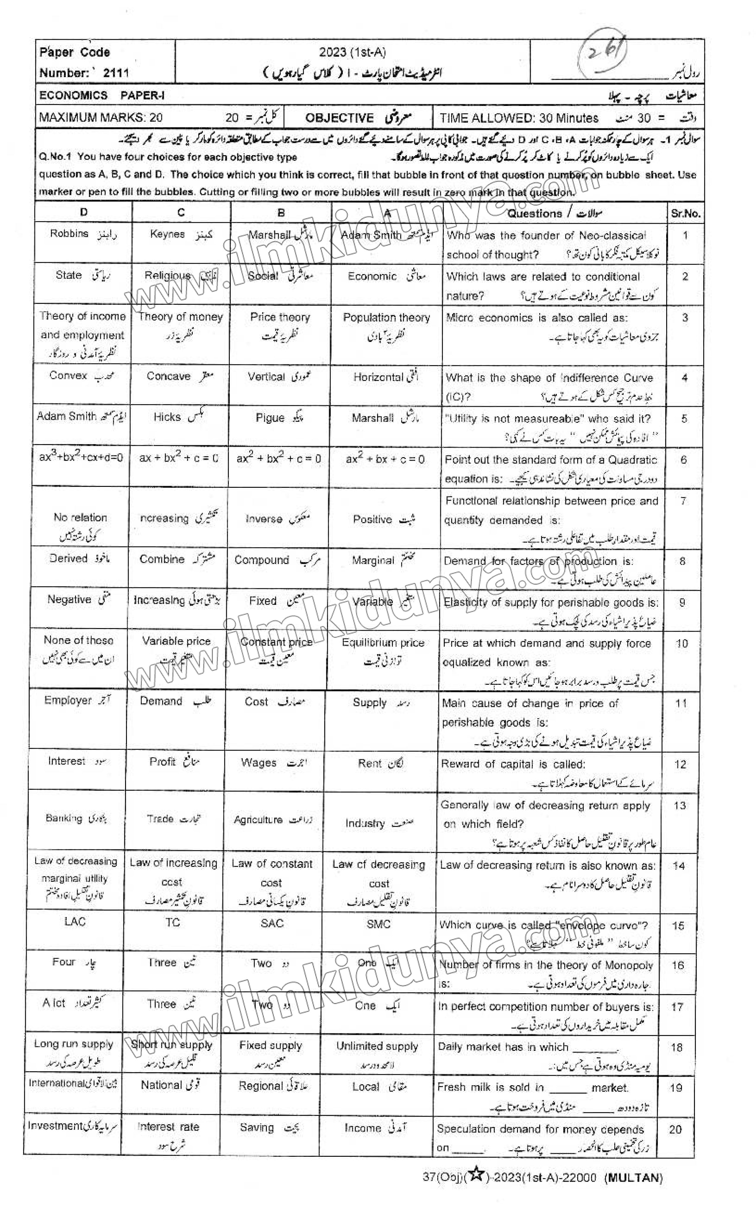 Past Paper 2023 Multan Board Inter Part I Economics Objective
