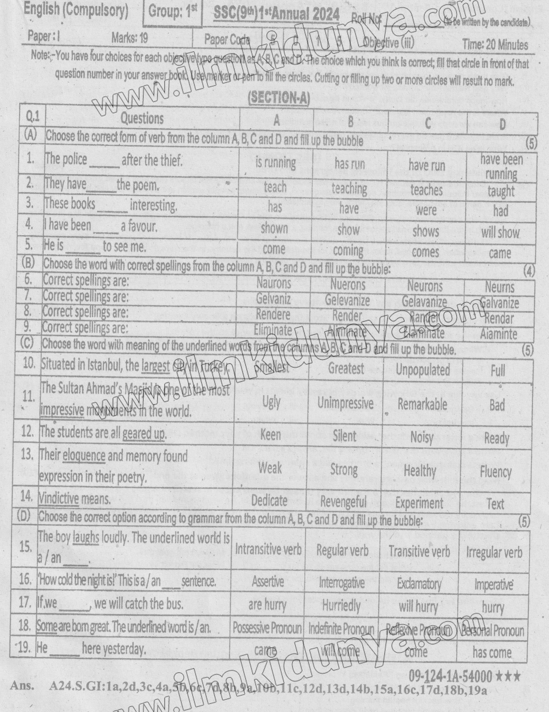 Past Paper 2024 9th Class Sahiwal Board English Objective Group 1