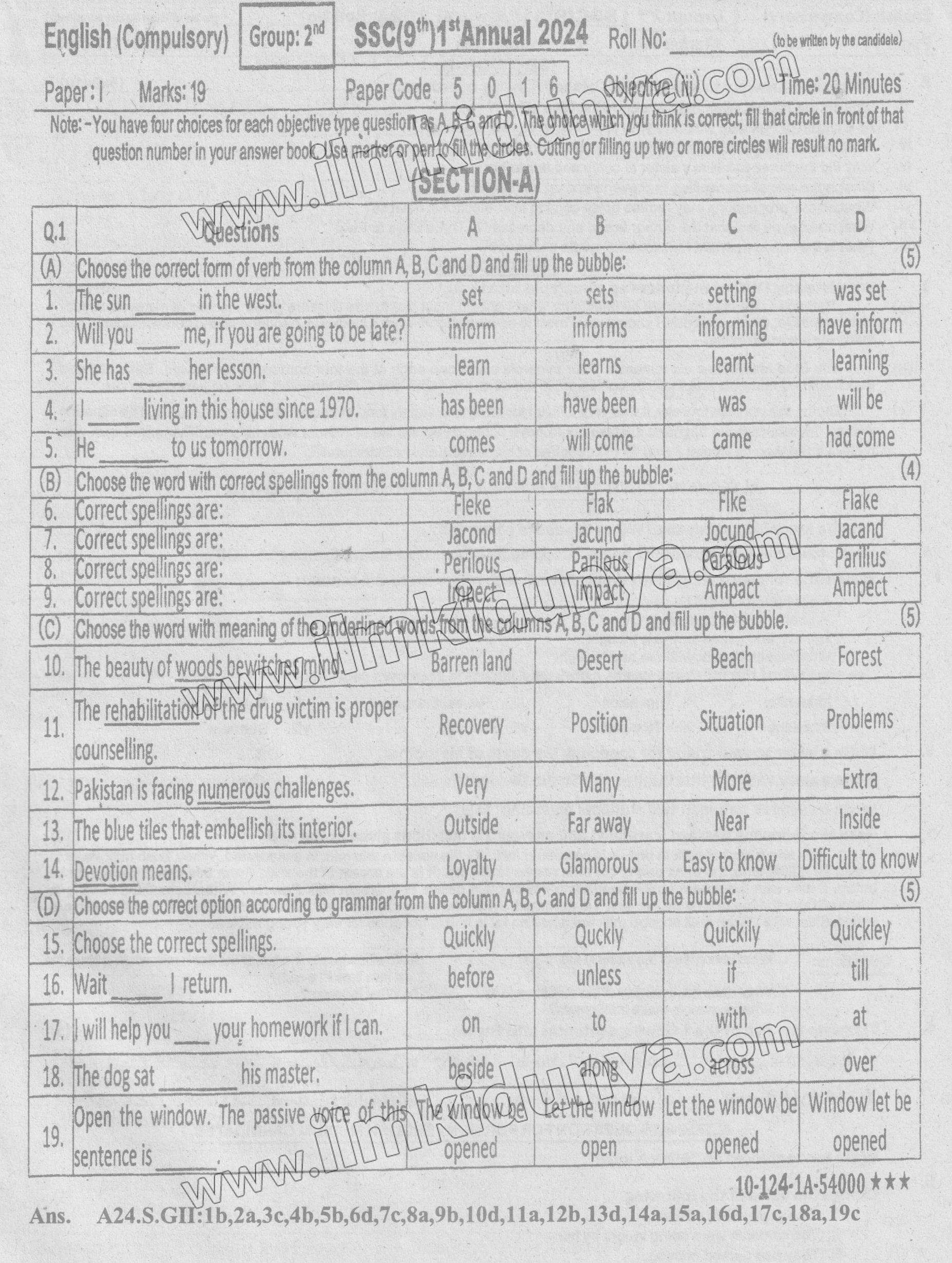 Past Paper 2024 9th Class Sahiwal Board English Objective Group 2