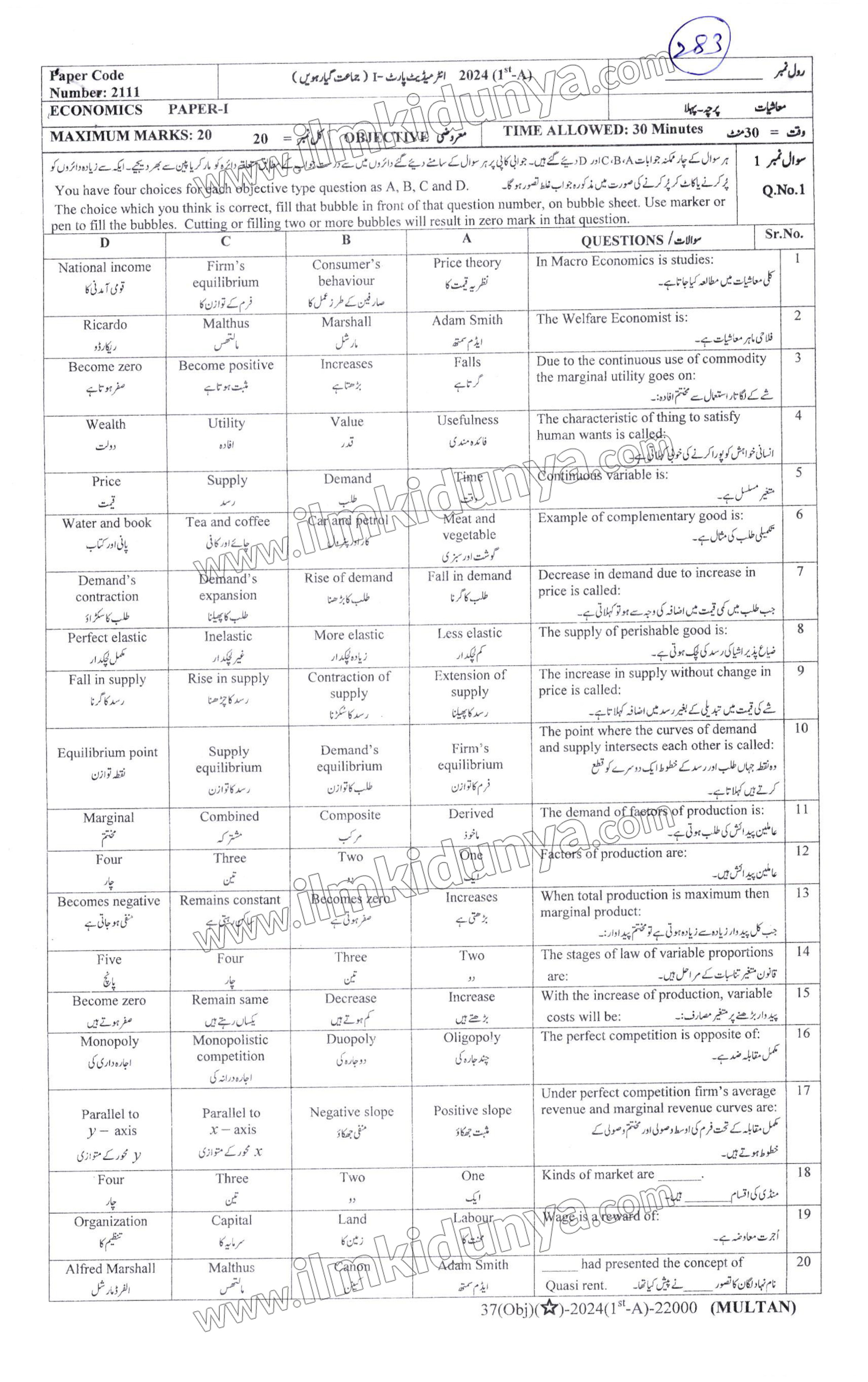 Past Paper 2024 Multan Board Inter Part I Economics Objective