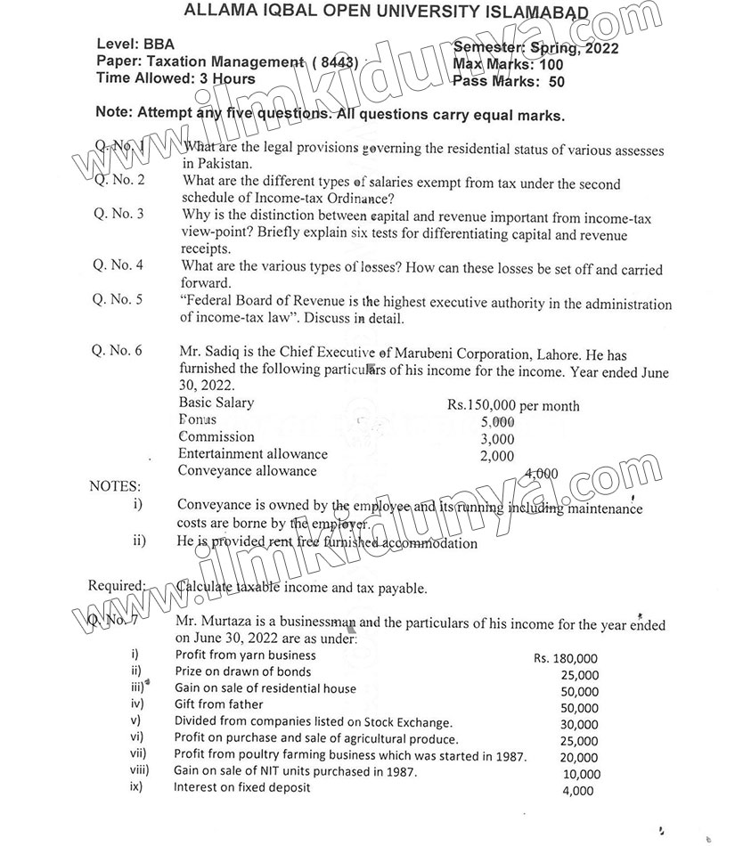 Past Papers 2022 Allama Iqbal Open University BBA Taxation Management