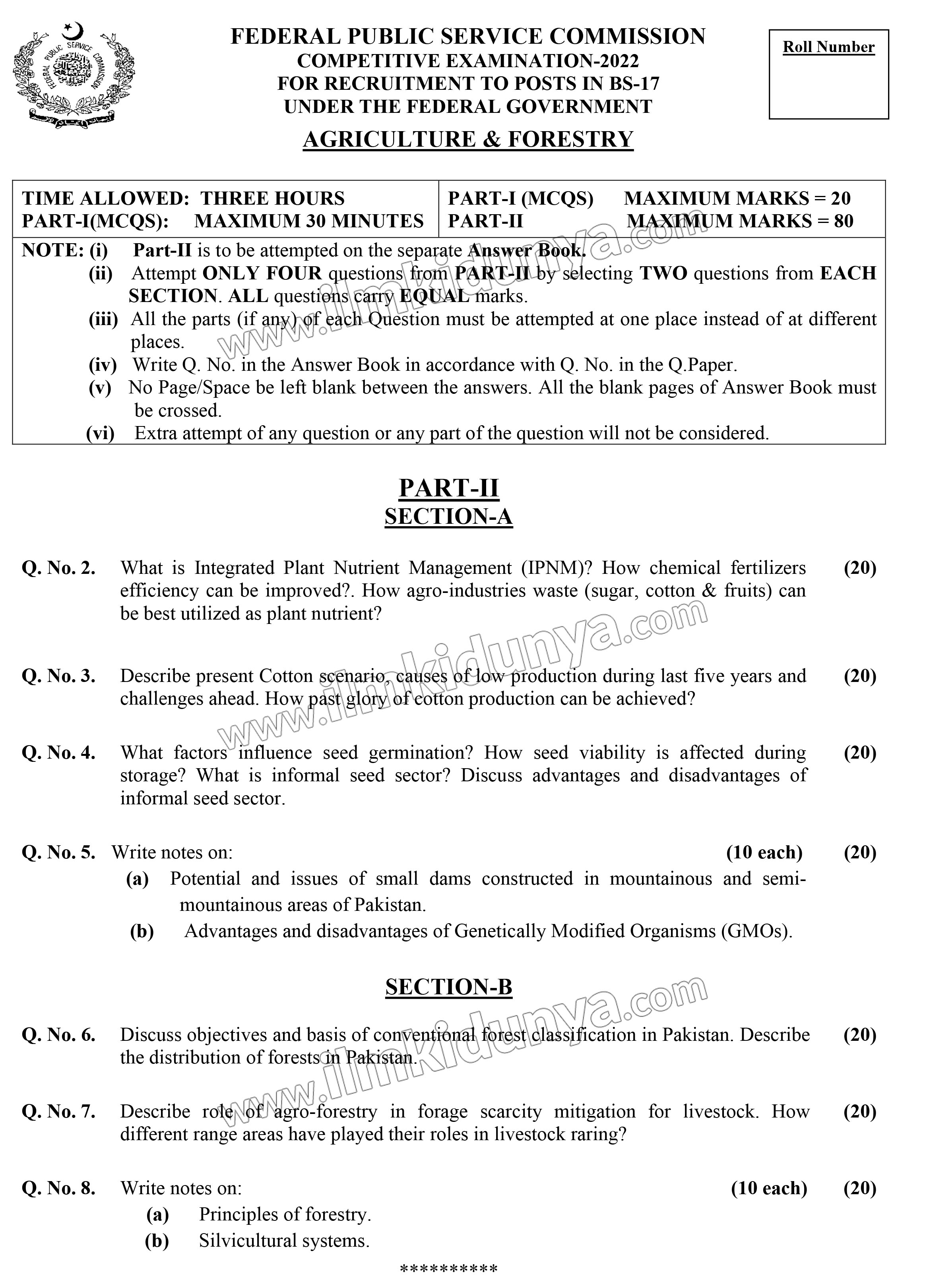 CSS Past Paper 2022 Agriculture and Forestry Subjective