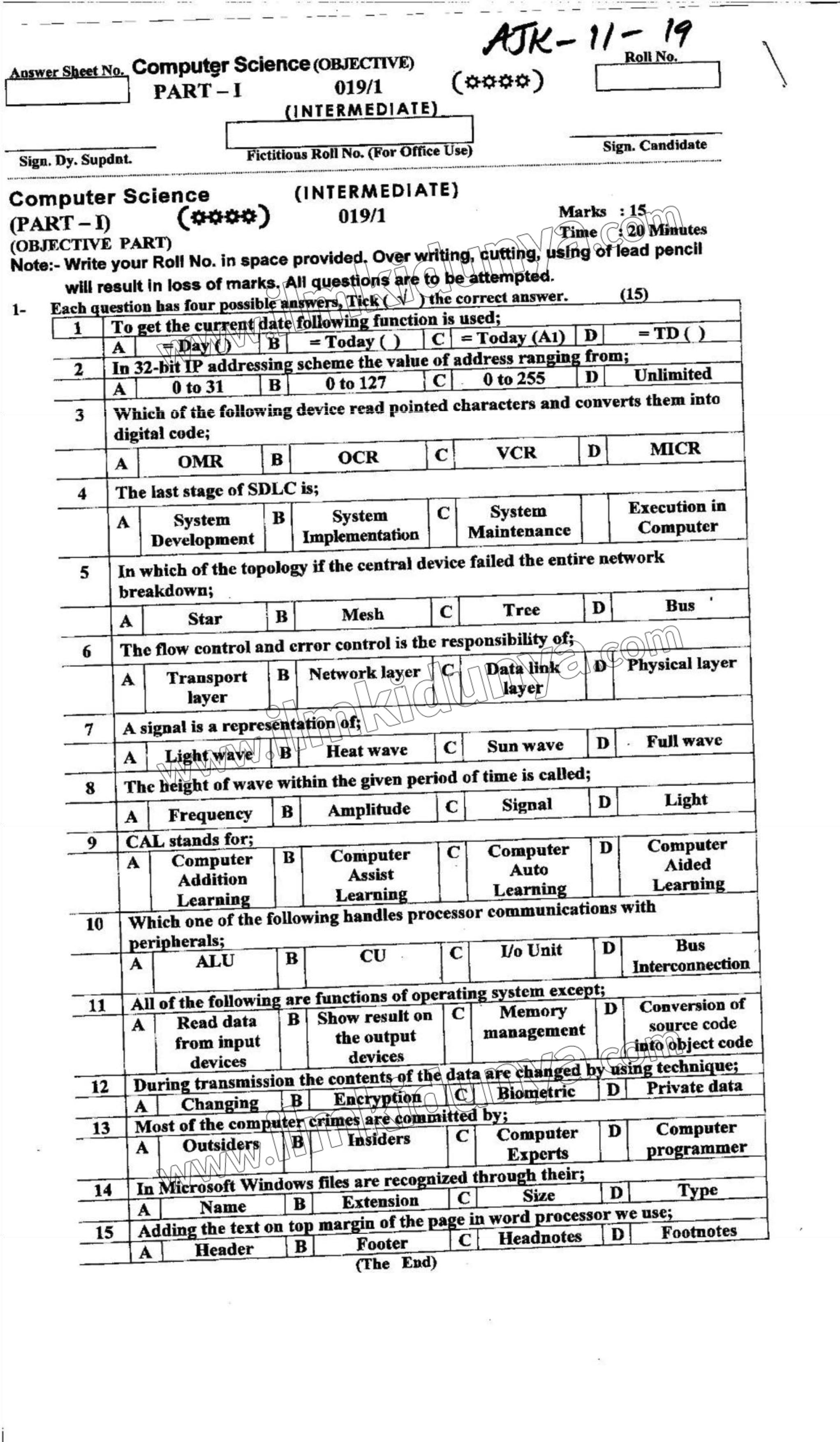 Past Paper 2019 AJK Board Class 11th Computer Science Objective