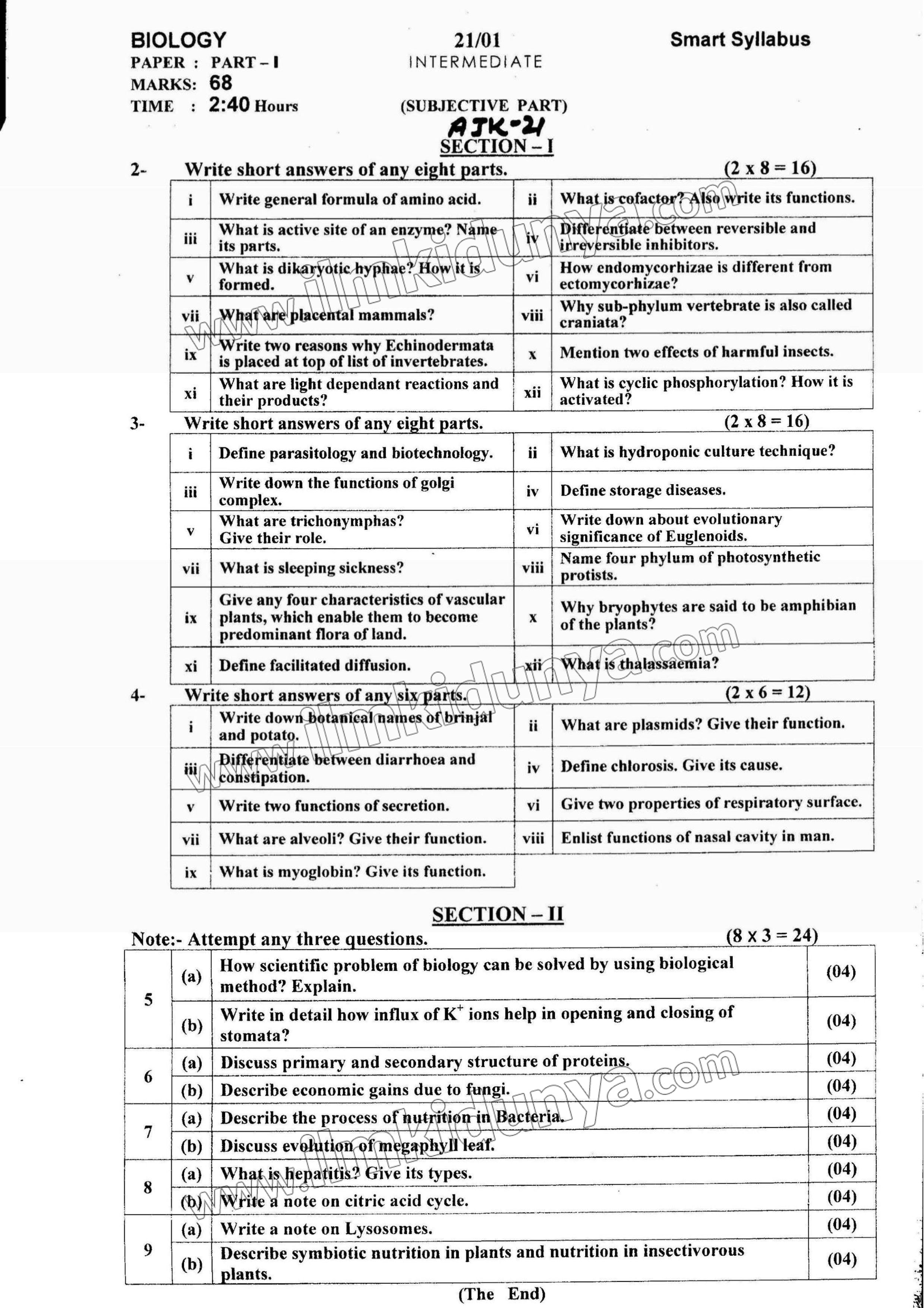 Past Paper 2021 AJK Board Class 11th Biology Subjective