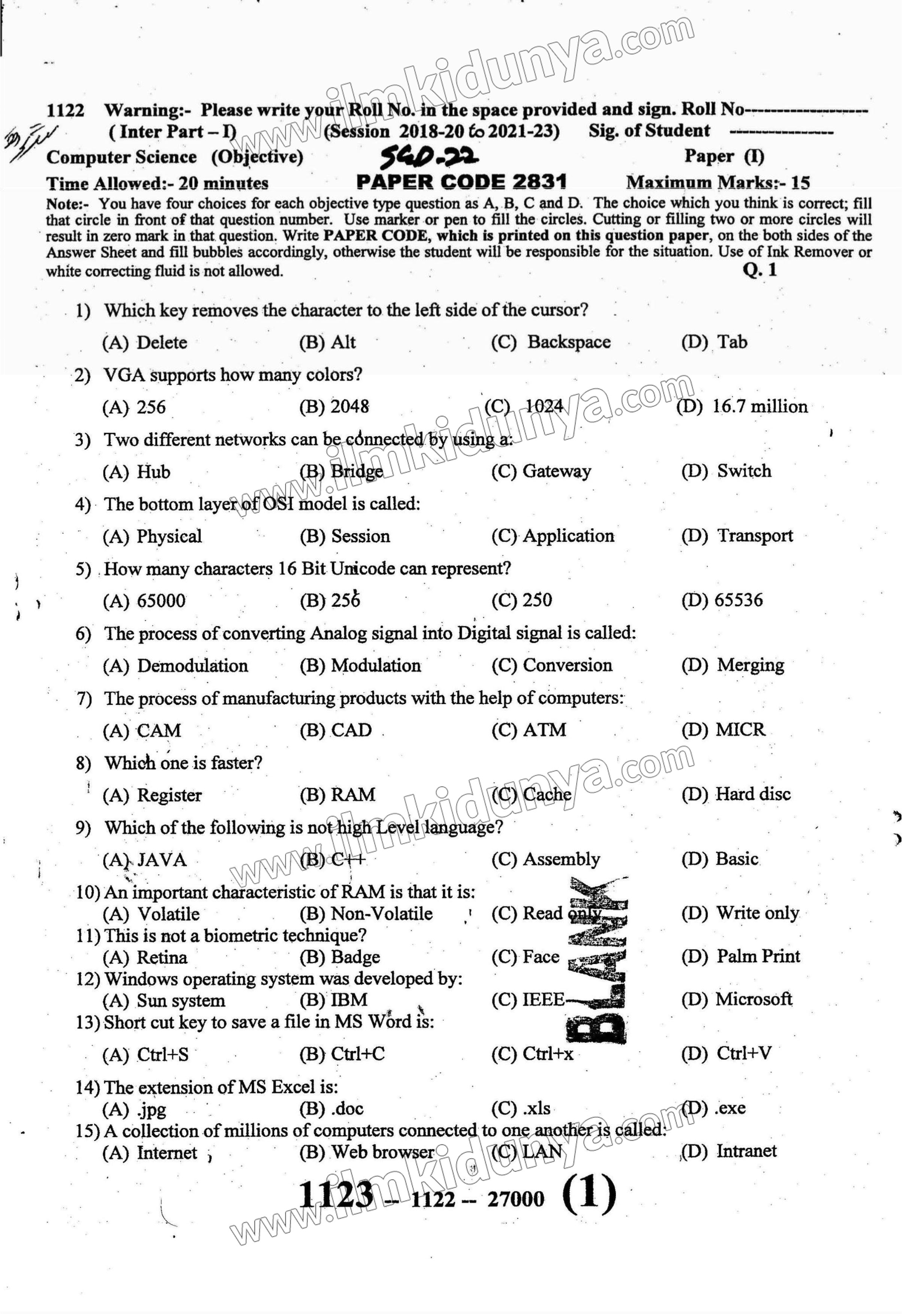 Past Paper 2022 Sargodha Board Inter Part I Computer Science Objective