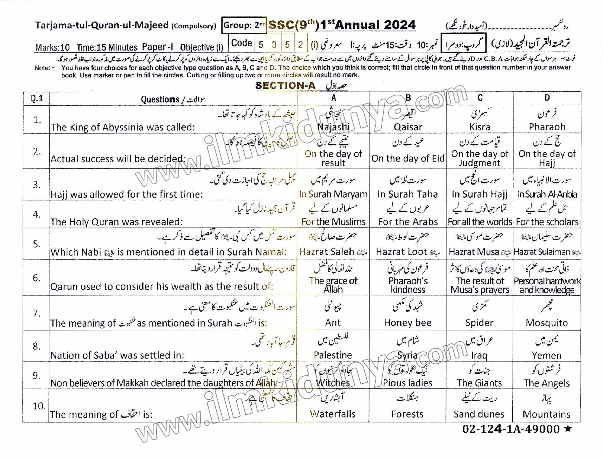 Past Paper 2024 Sahiwal Board Class 9th Tarjma tul Quran Group II Objective
