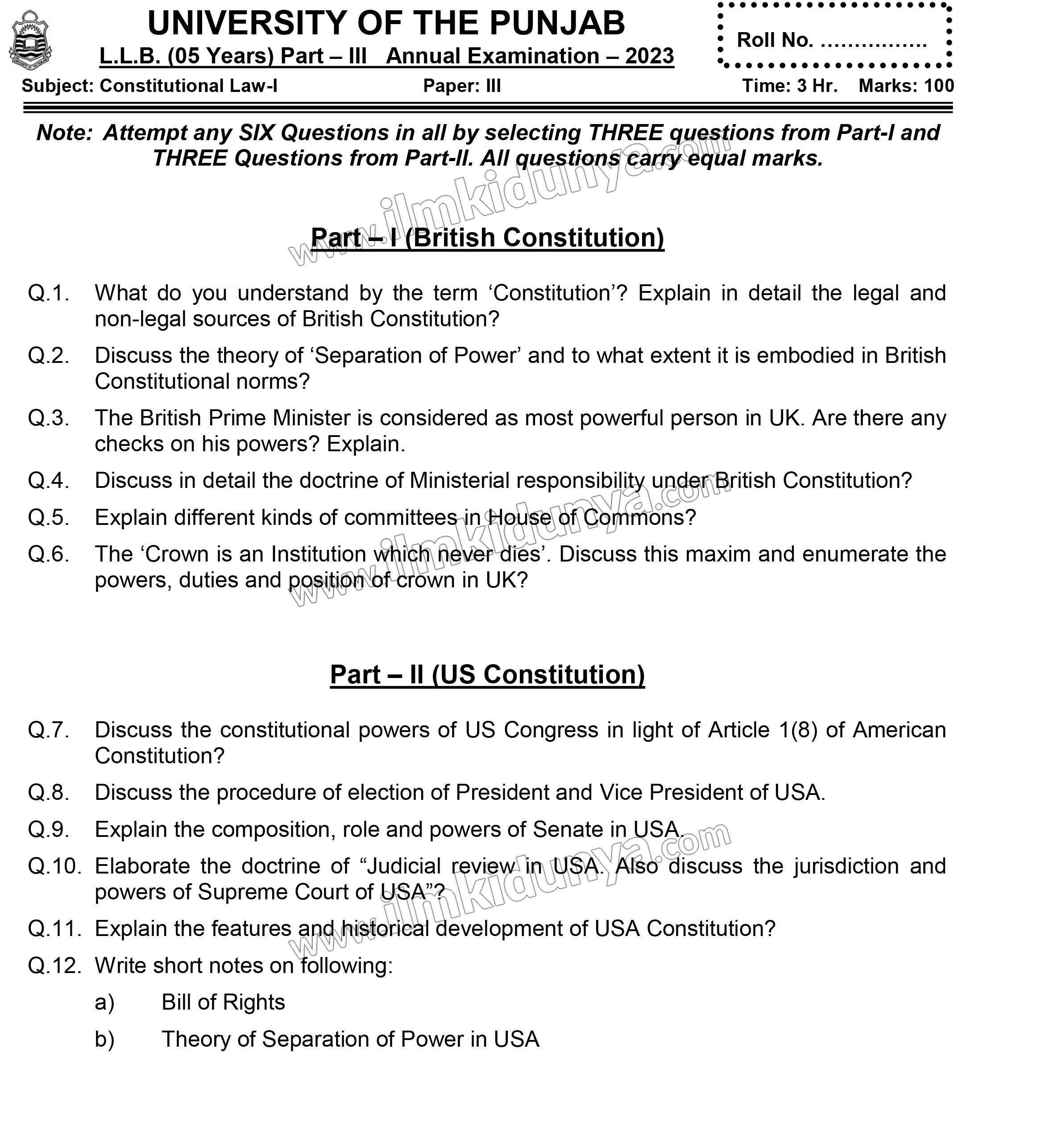 Past Paper LLB Part 3 Punjab University Constitutional Law Paper III ...