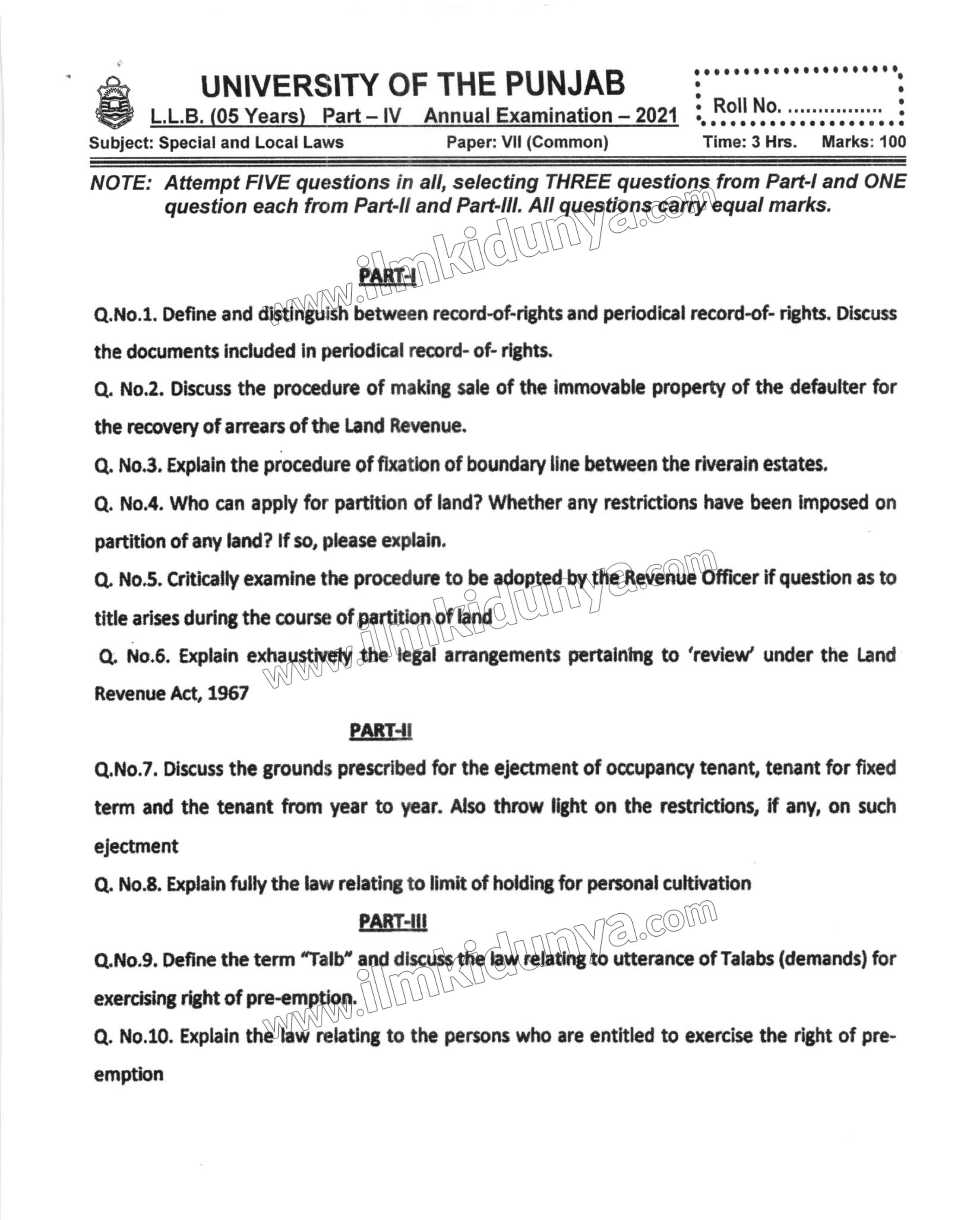 Past Paper LLB Part 4 Punjab University Special and Local Law Paper VII ...