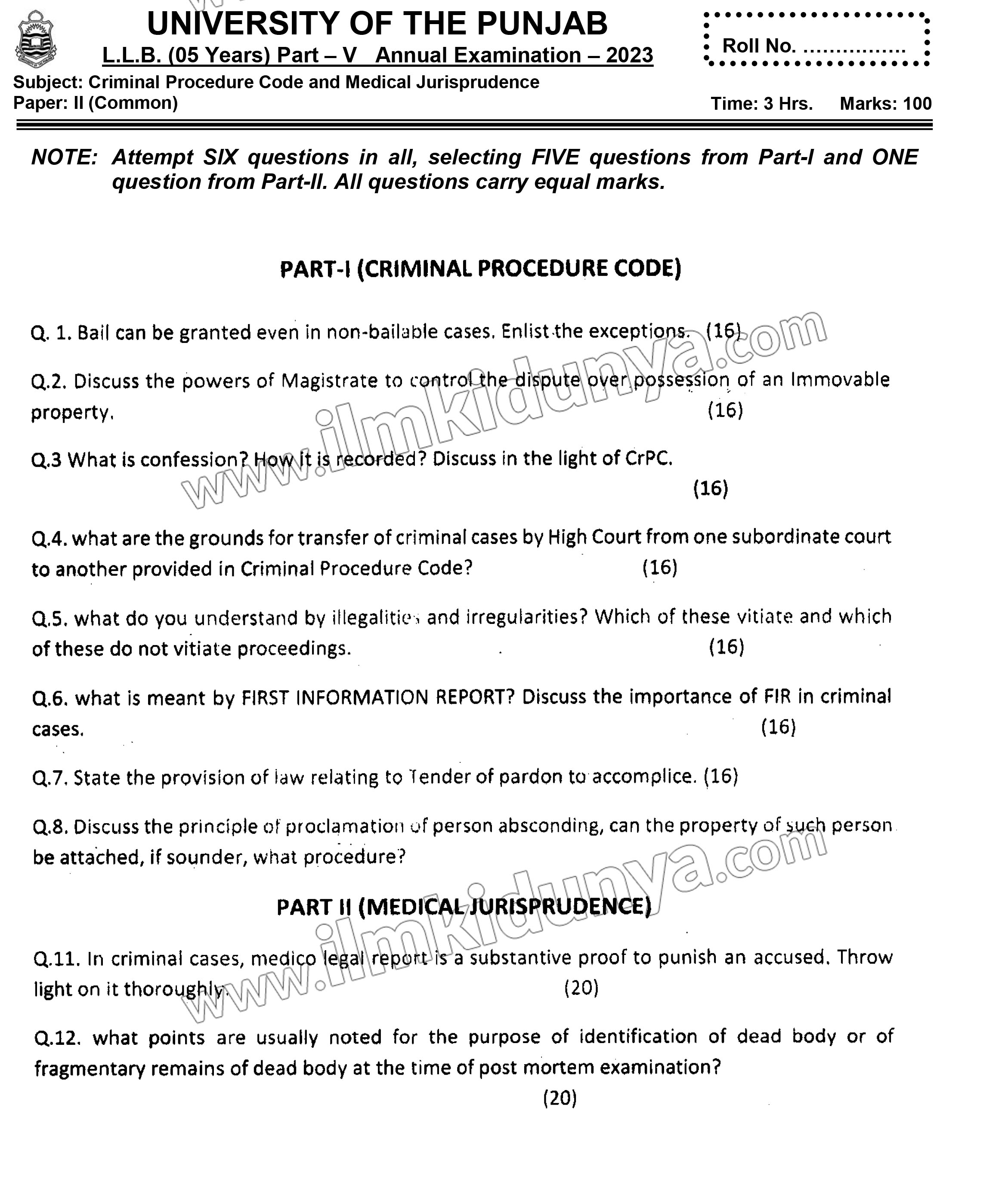 Past Paper LLB Part 5 Punjab University Medical Jurisprudence Code ...