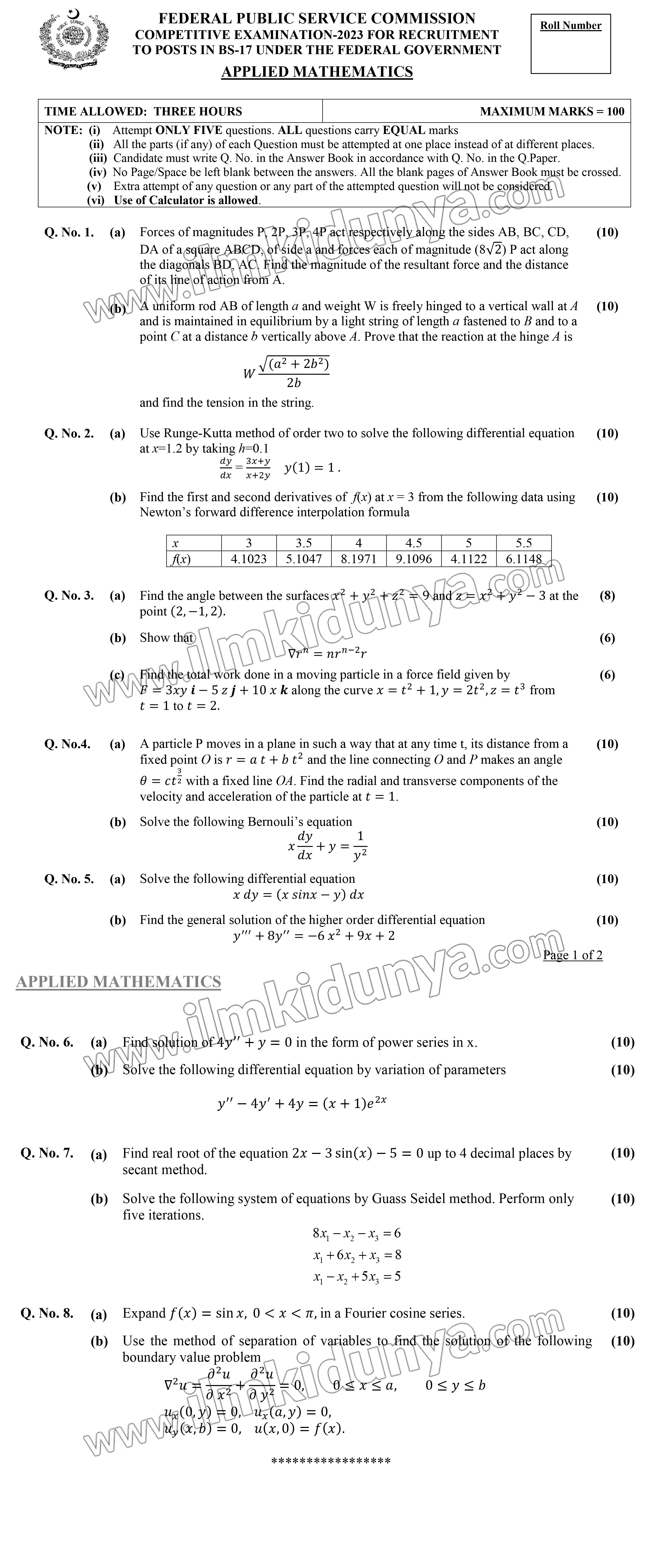CSS Past Paper 2023 Applied Mathematics Subjective