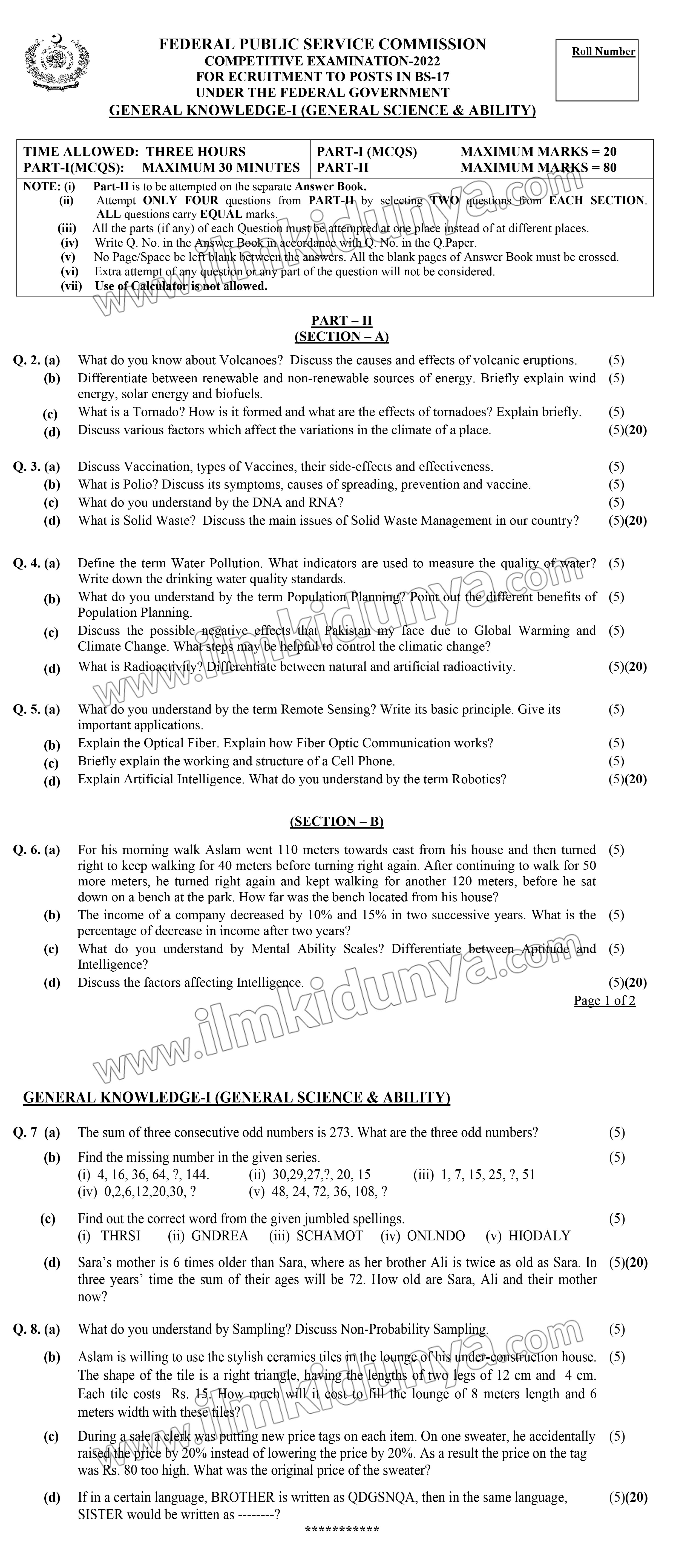 CSS Past Papers 2022 General Knowledge I General Science and Ability