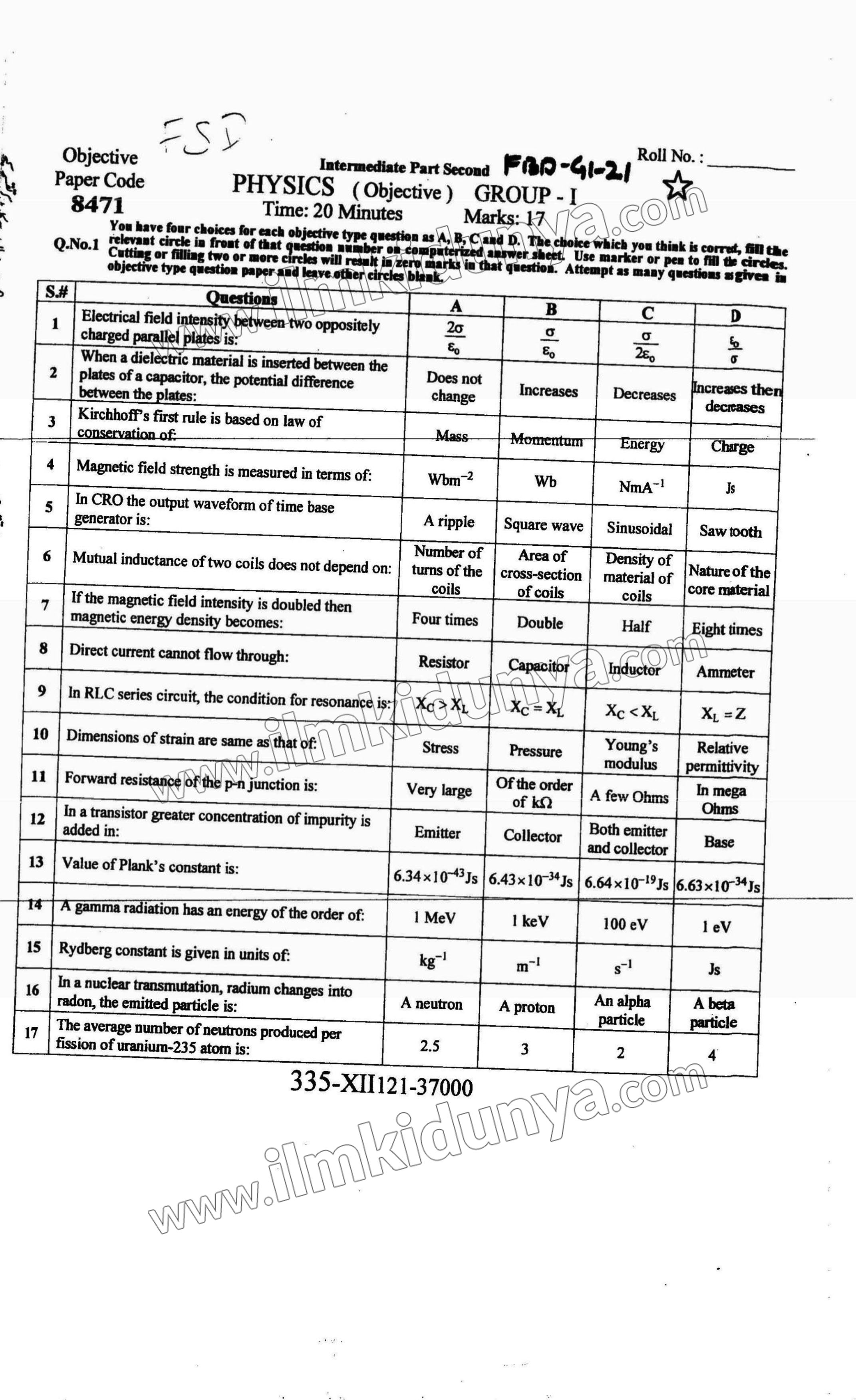 Past Paper 2021 Faisalabad Board Inter Part II Physics Group I Objective