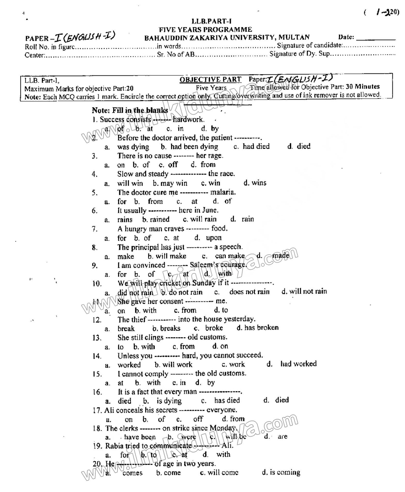 Past Paper LLB Part 1 Bahauddin Zakariya University English Paper I ...