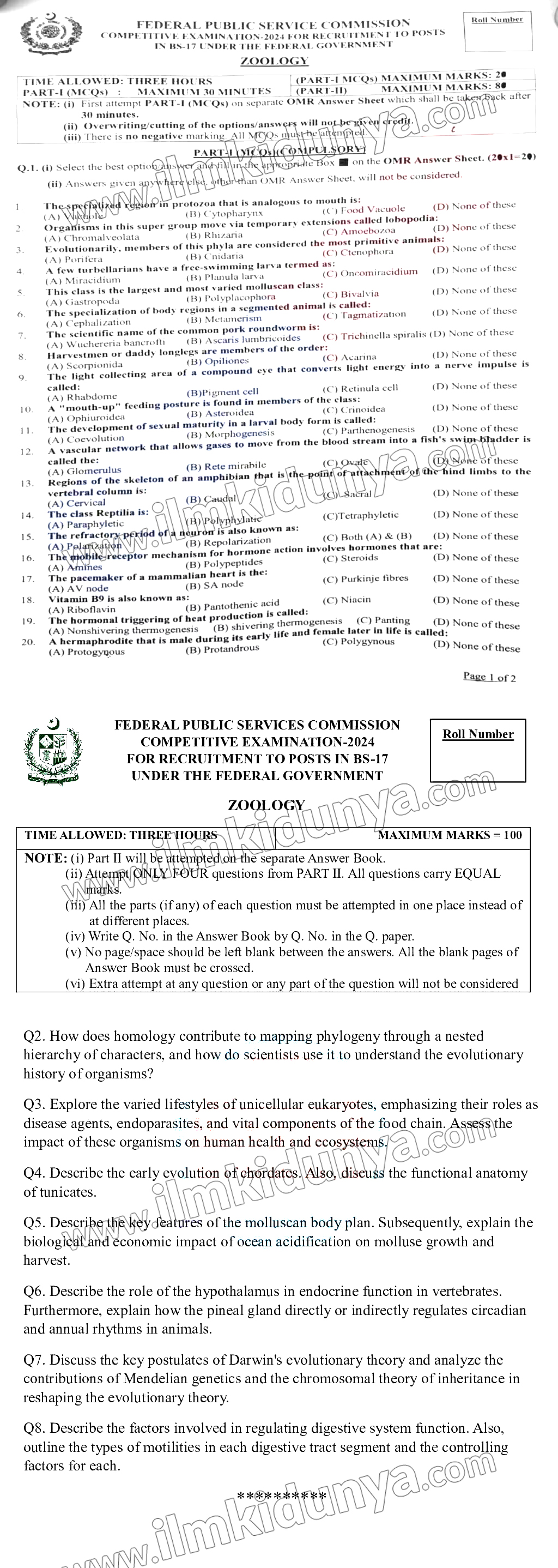 CSS Past Papers 2024 Zoology