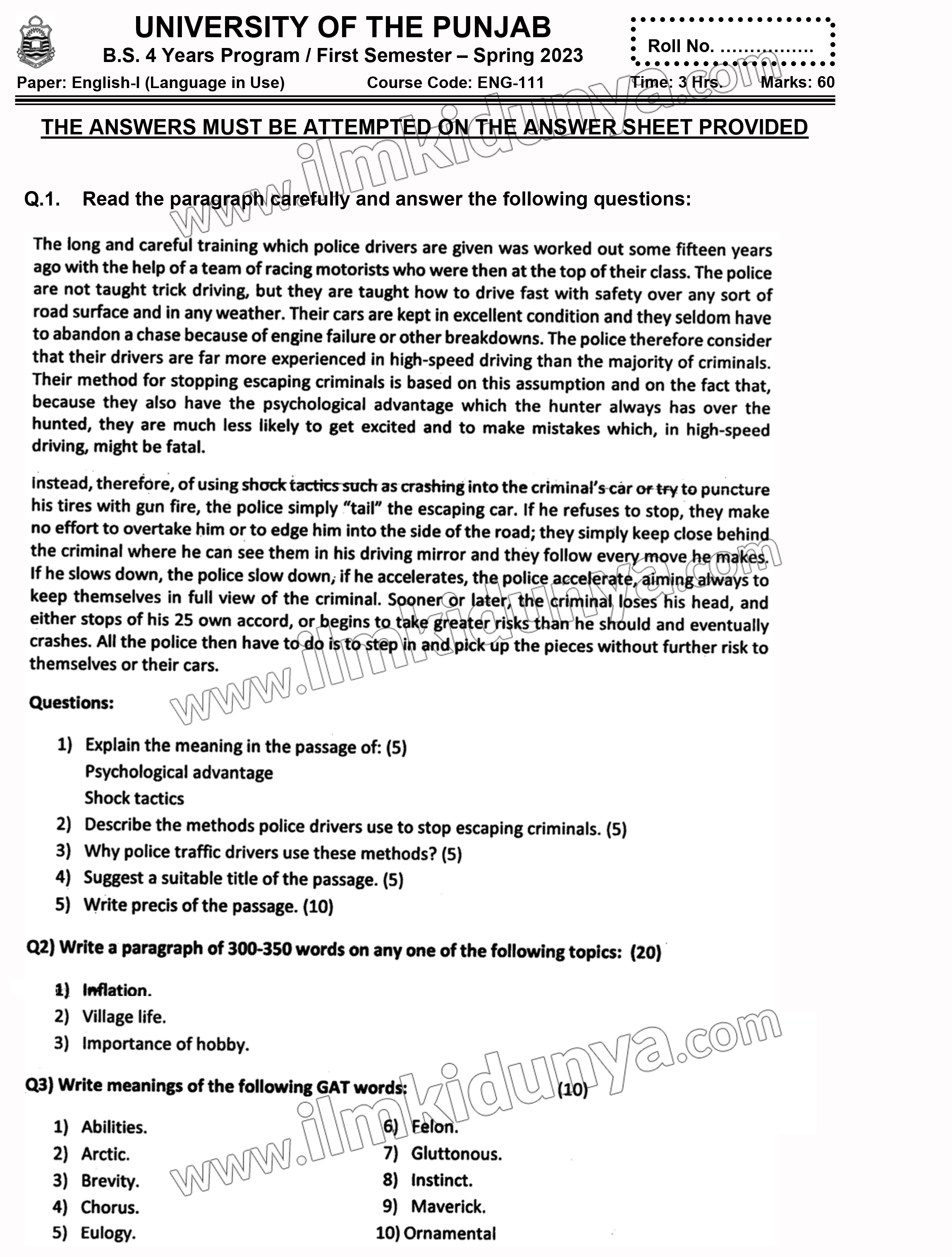 Past Paper BBA 1st Semester Punjab University Functional English ...