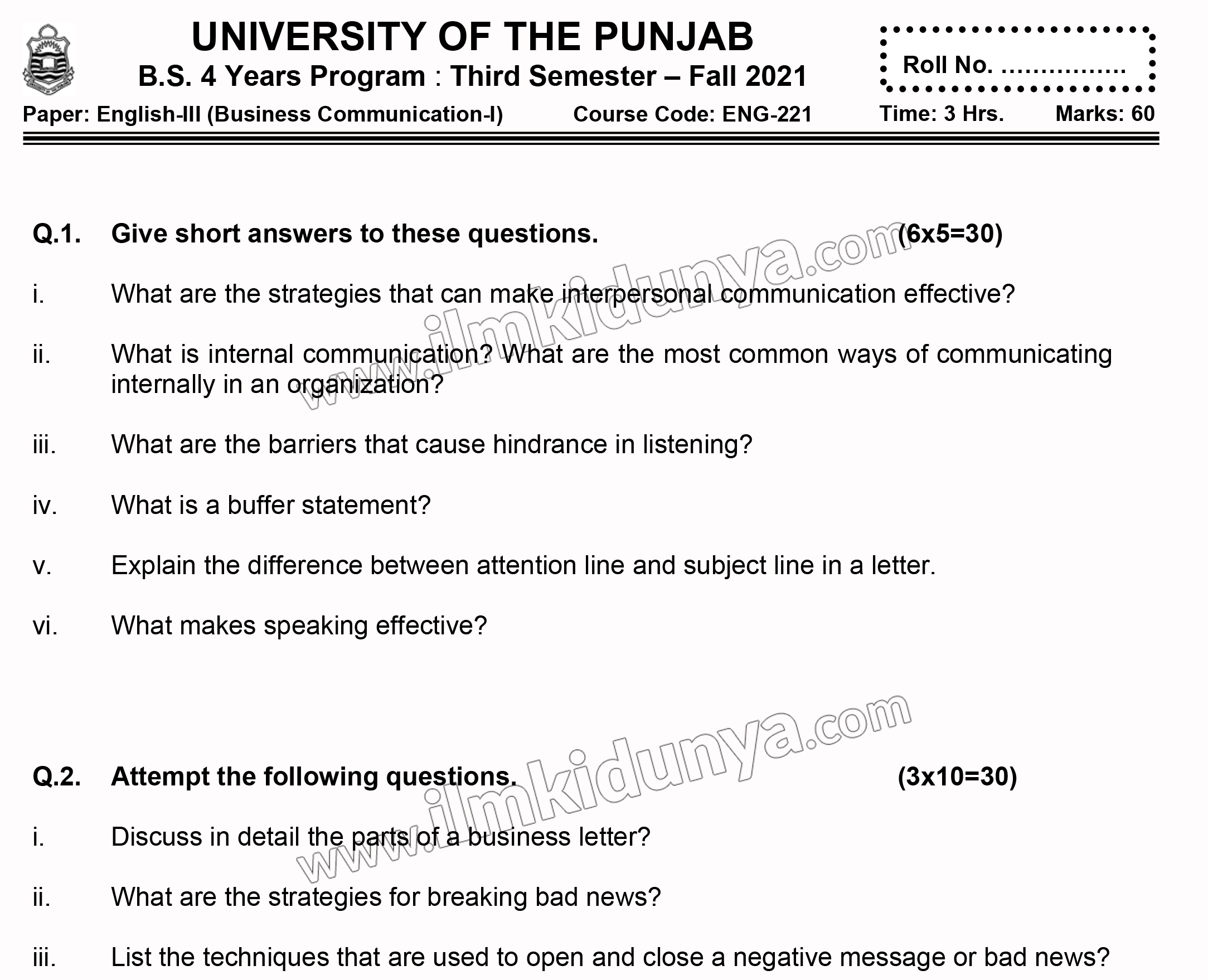 Past Paper BBA 1st year Punjab University Business Communication 2021