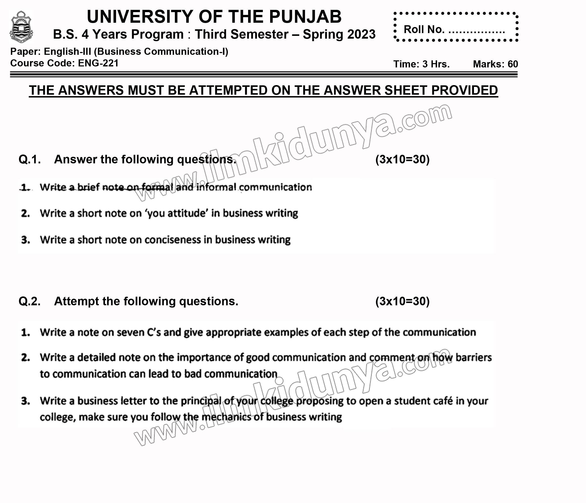 Past Paper BBA 1st year Punjab University Business Communication 2023