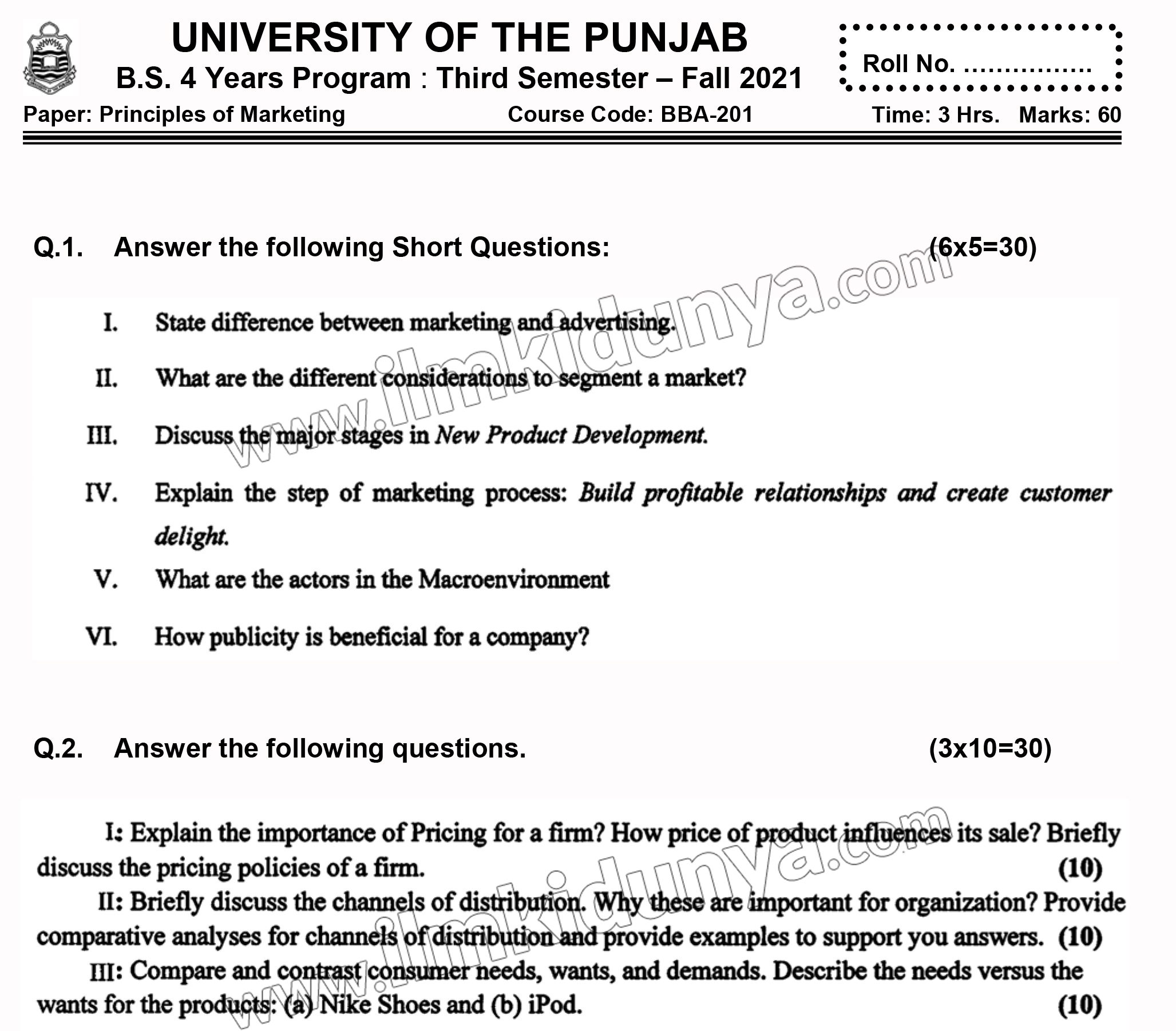 Past Paper BBA 2nd year Punjab University Principle Of Marketing 2021