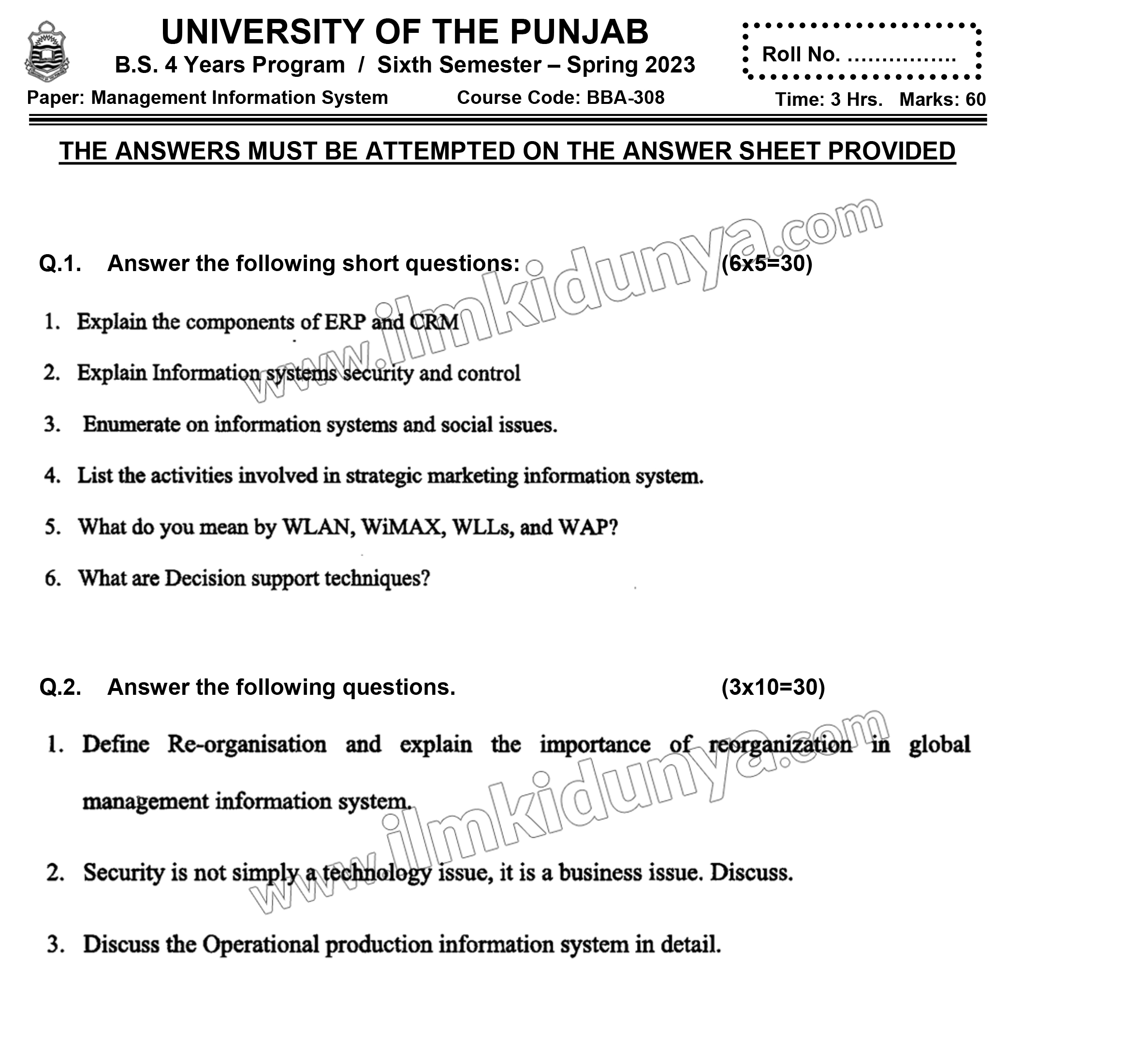 Past Paper BBA 3rd year Punjab University Management Information System ...
