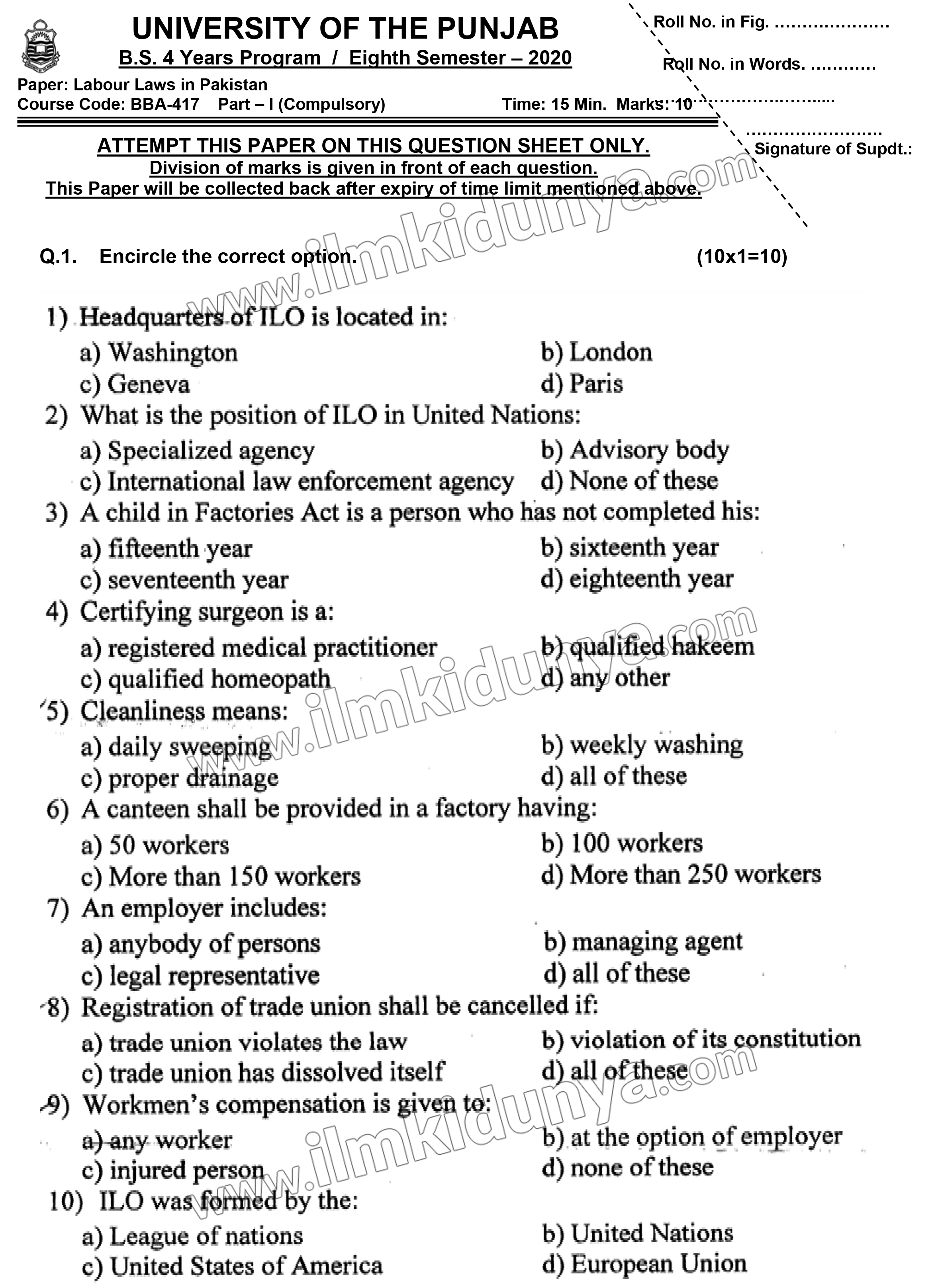 Past Paper BBA 4th year Punjab University Labour Law Objective 2020