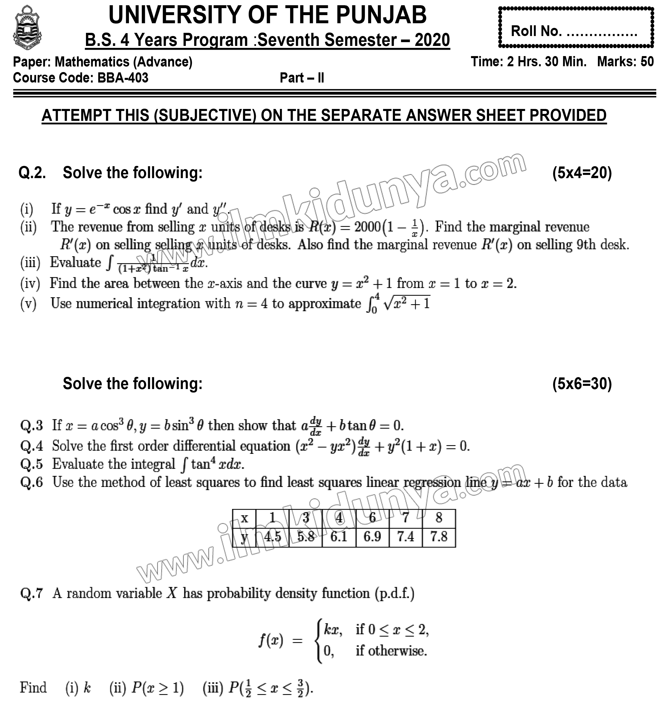 Past Paper BBA 4th year Punjab University Mathematic Subjective 2020