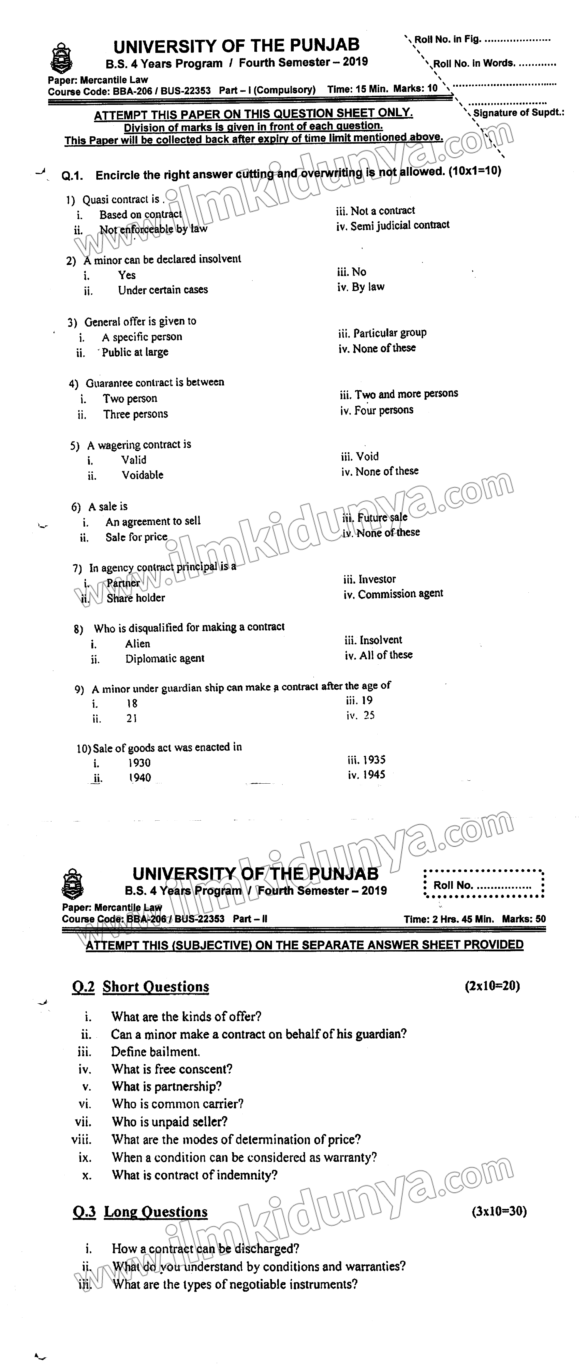 Past Paper BBA 4th year Punjab University Mercantile law 2019