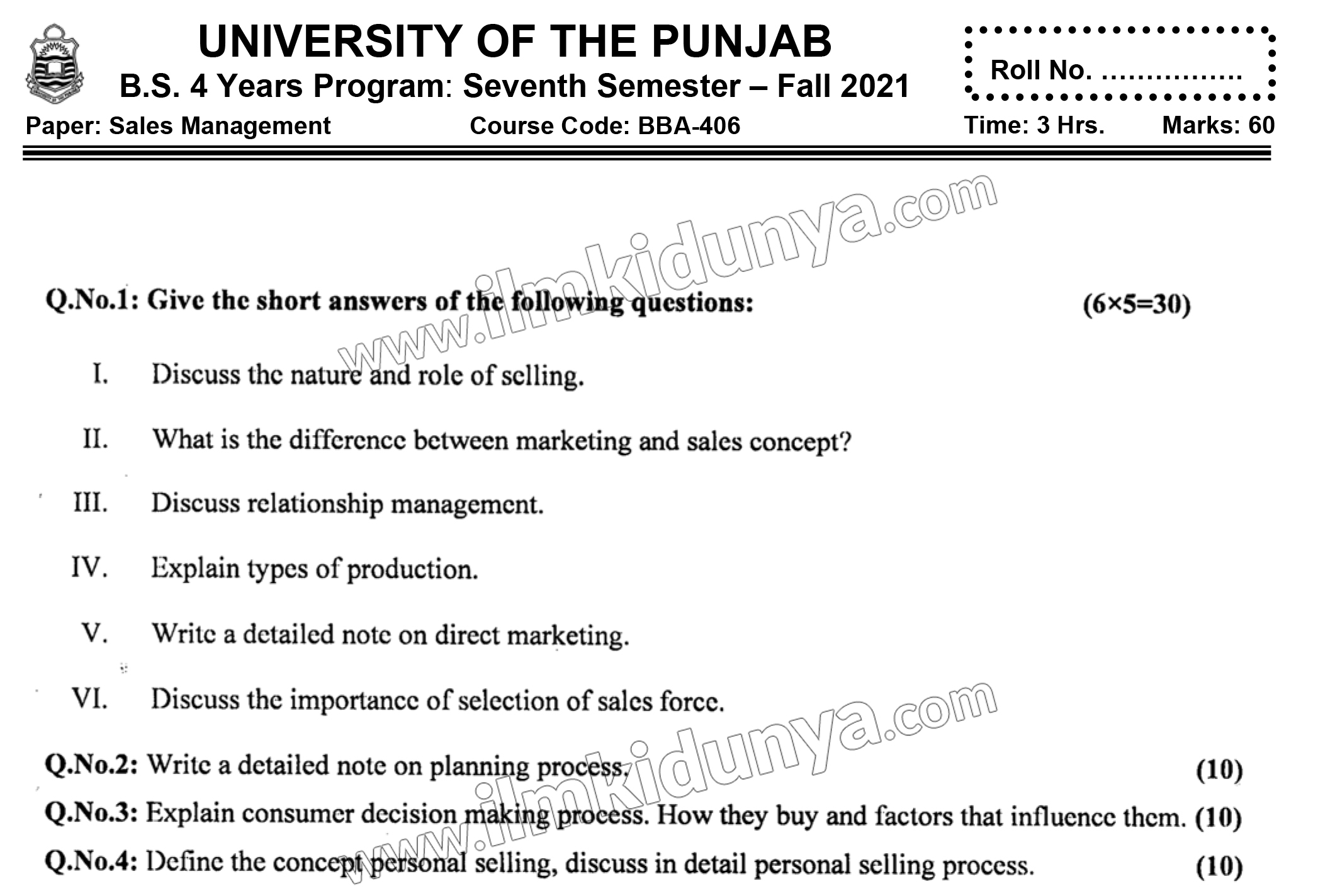 Past Paper BBA 4th year Punjab University Sale Management Subjective 2021