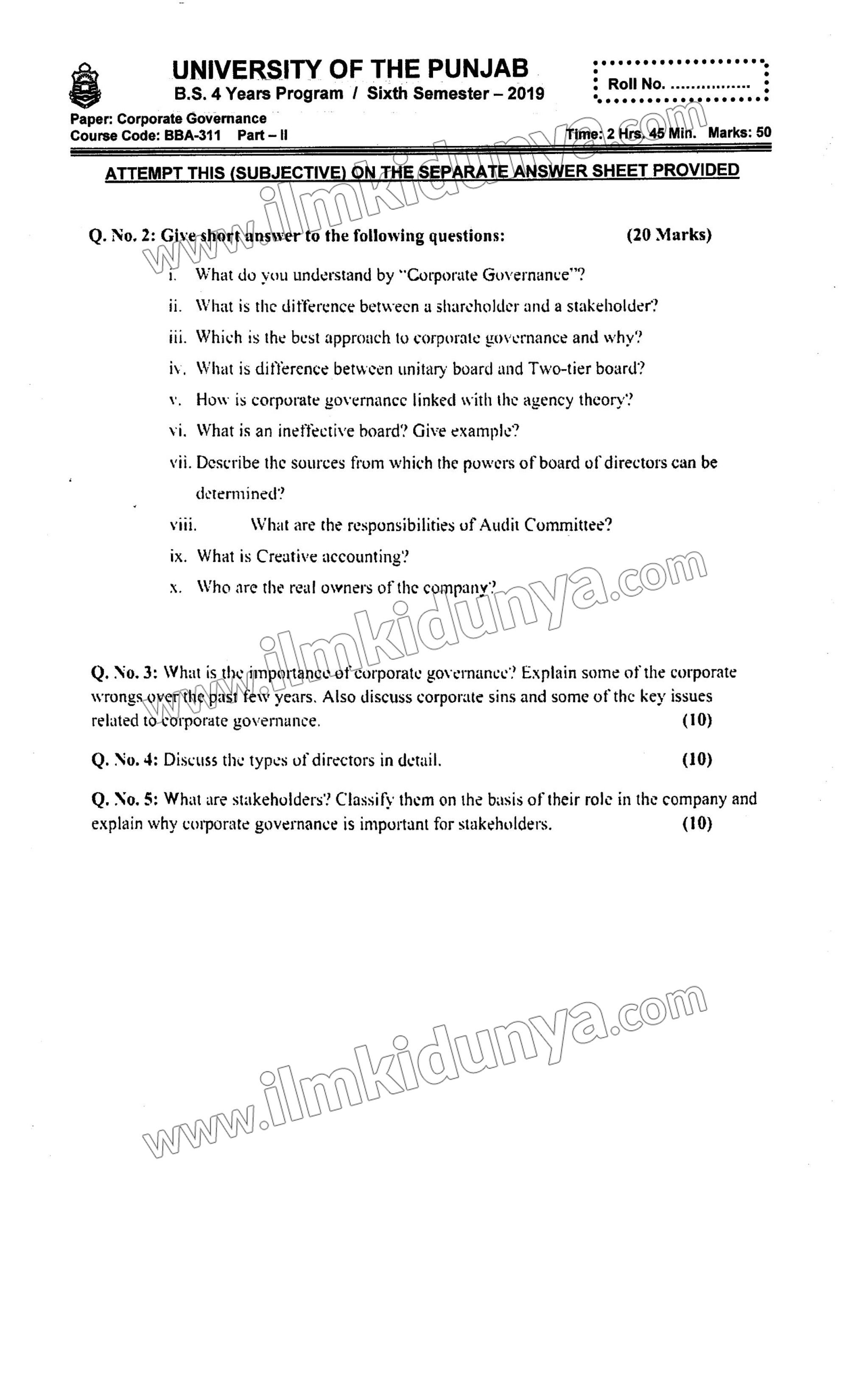 Past Paper BBA Sixth Semester Punjab University Corporate Governance ...