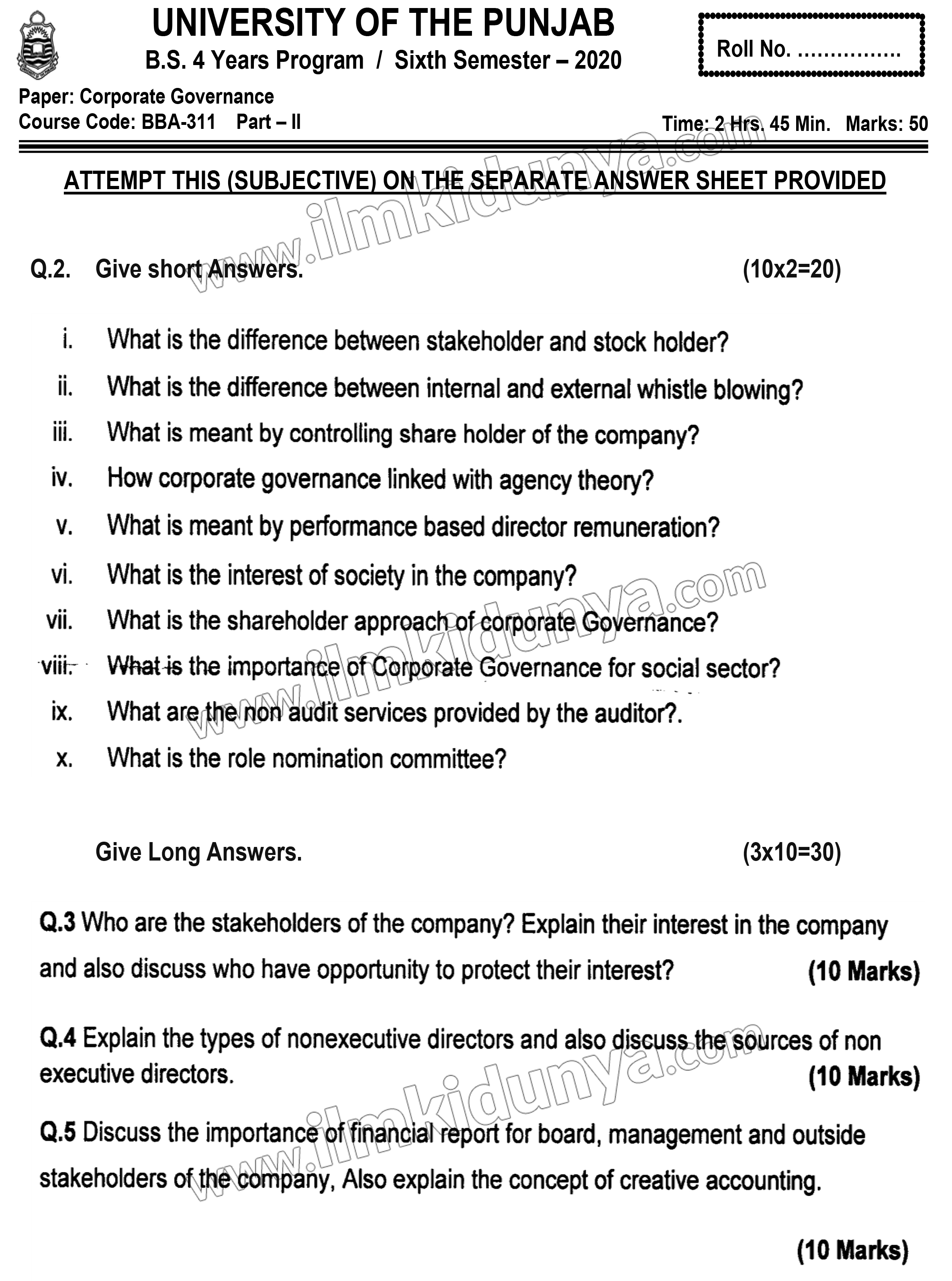 Past Paper BBA Sixth Semester Punjab University Corporate Governance ...