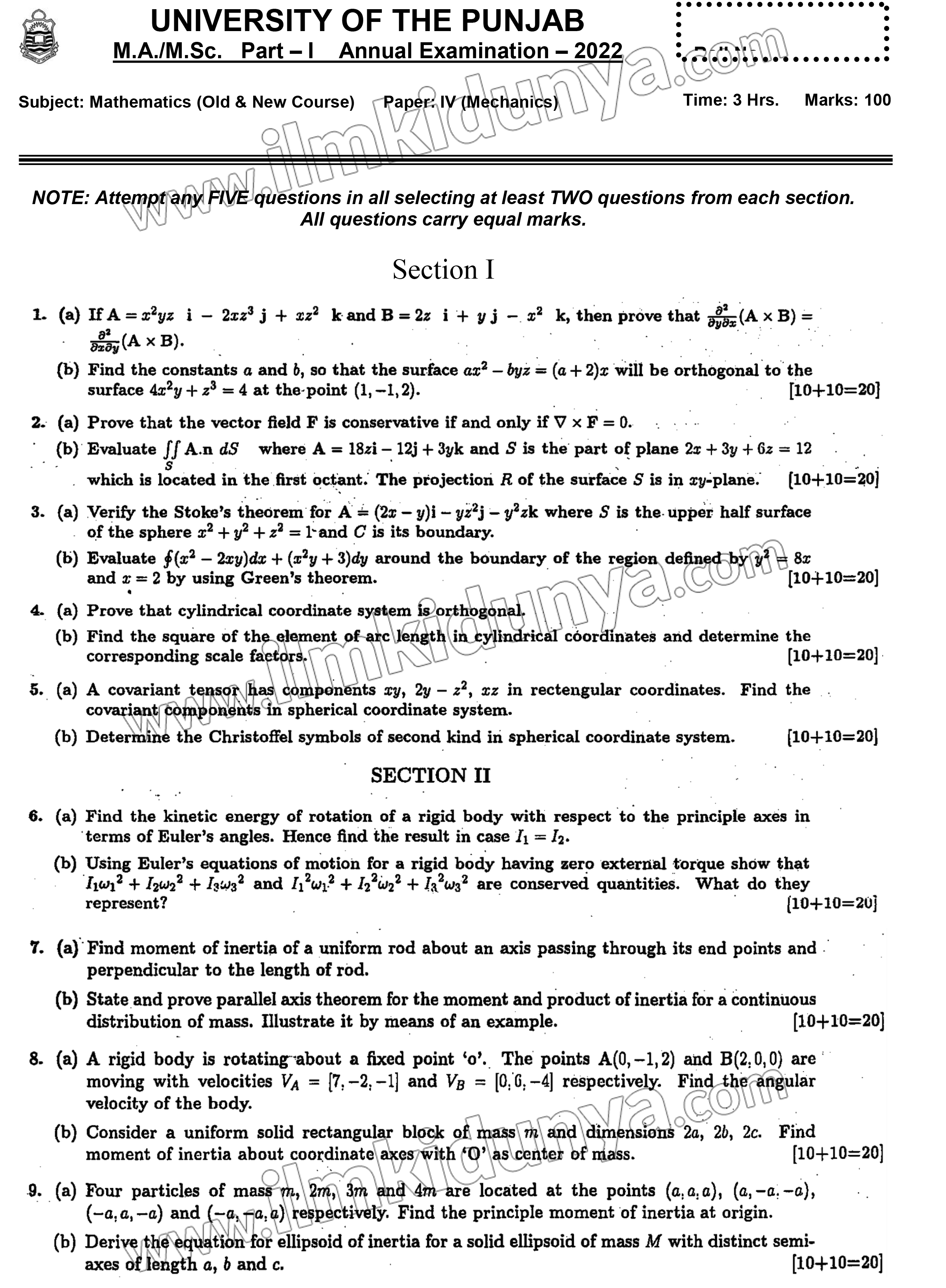 Past Paper MA MSC Part 1 Punjab University Mathematics Paper IV ...