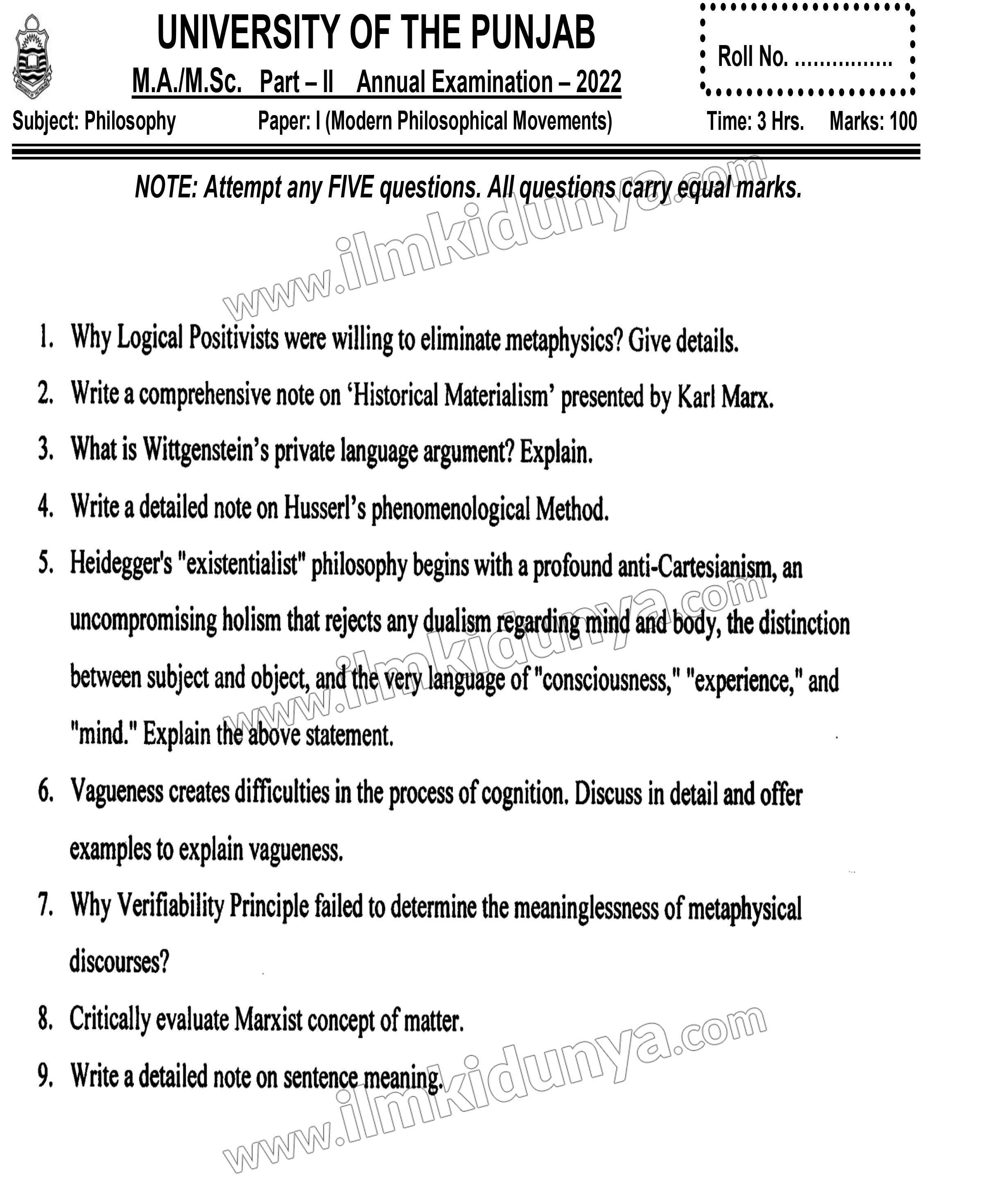 Past Paper MA MSC Part 2 Punjab University Philosophy Paper 1 ...