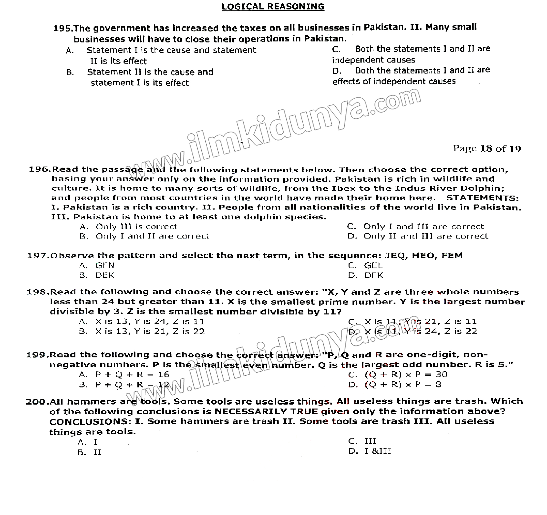 PMDC MDCAT Logical Reasoning 2024 Past Papers
