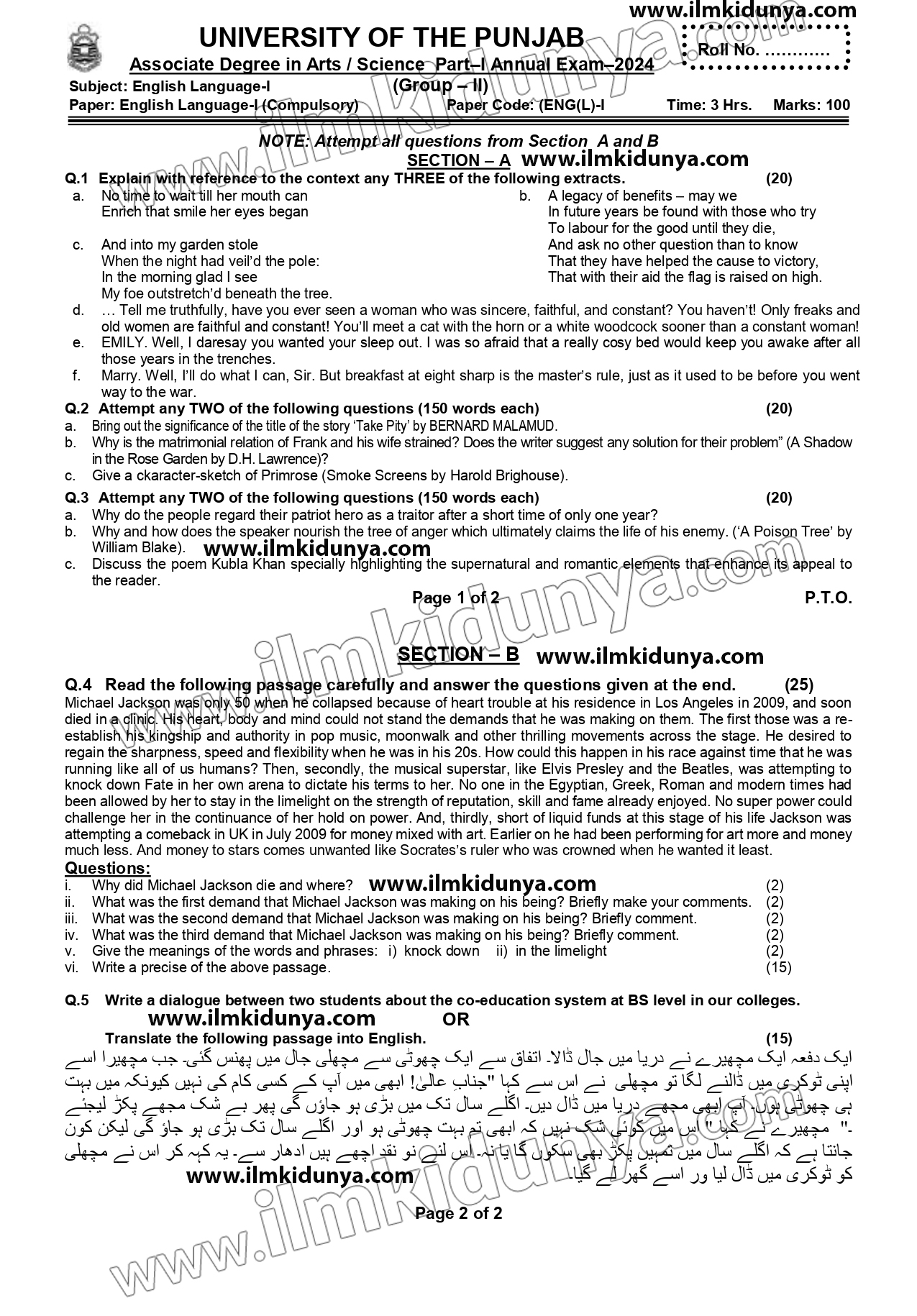 Past Paper 2024 Punjab University English Language I BA BSc Part I ...