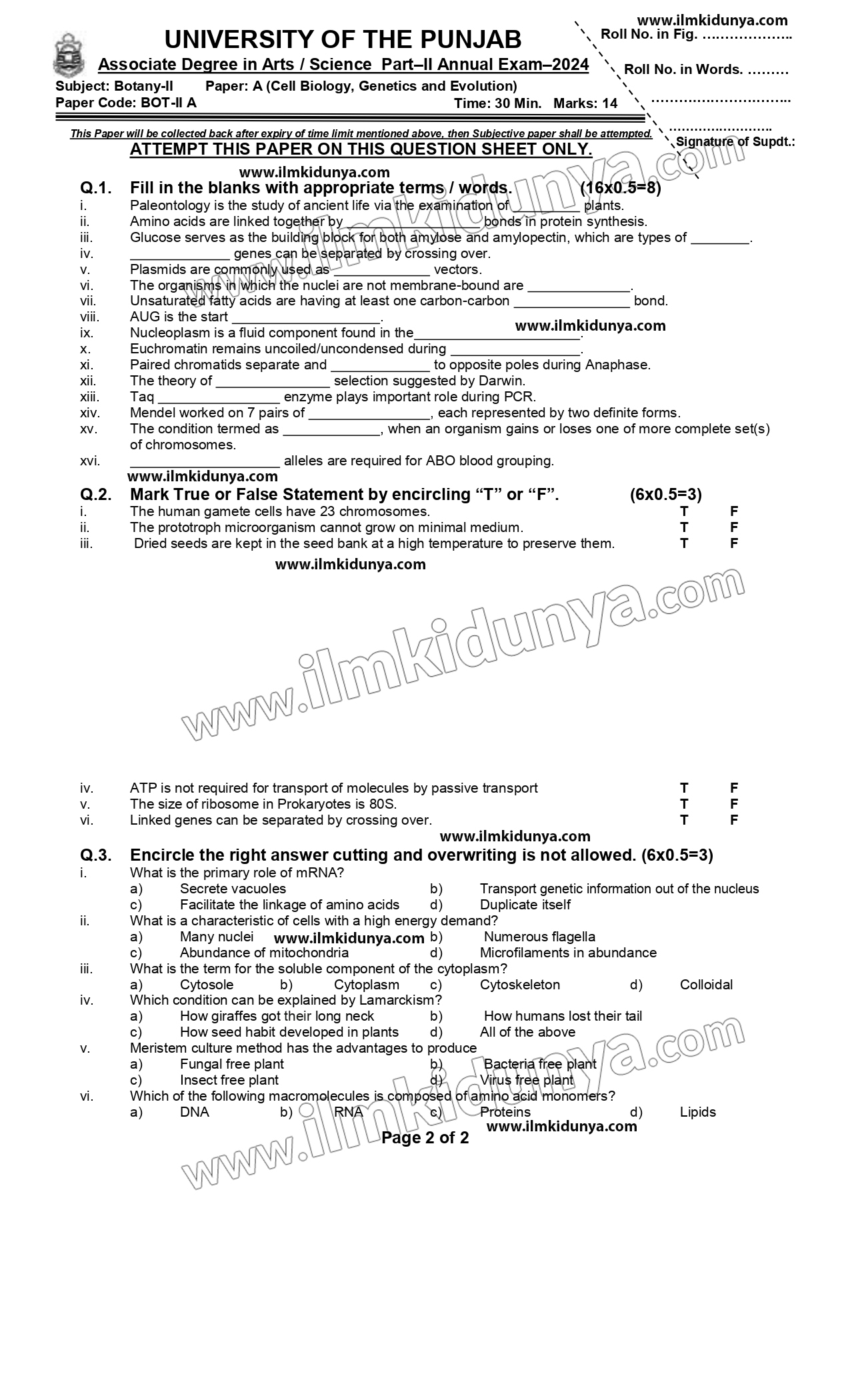 Past Paper 2024 Punjab University Botany BA BSc Part II Group I Objective