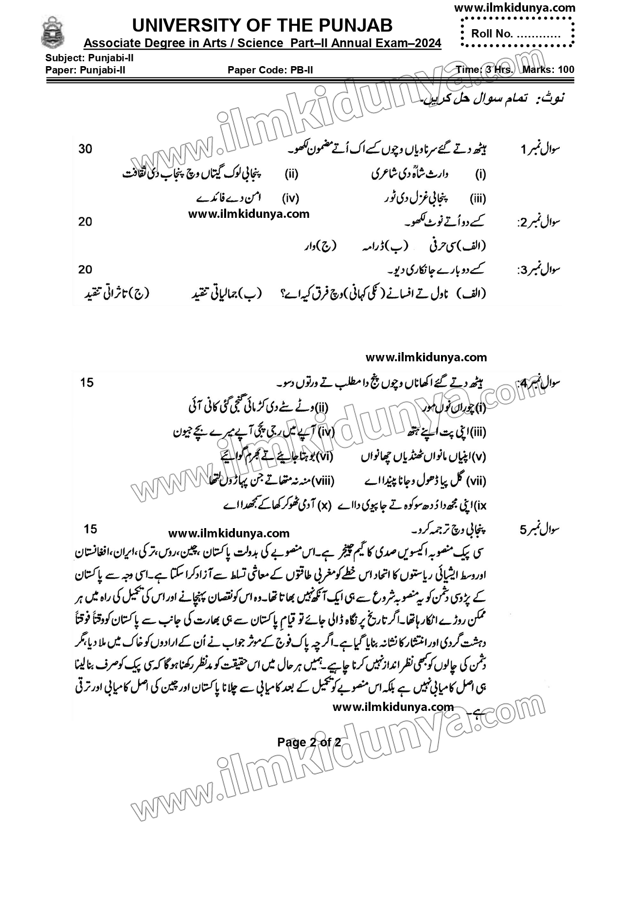 Past Paper 2024 Punjab University Punjabi BA BSc Part II Subjective ...