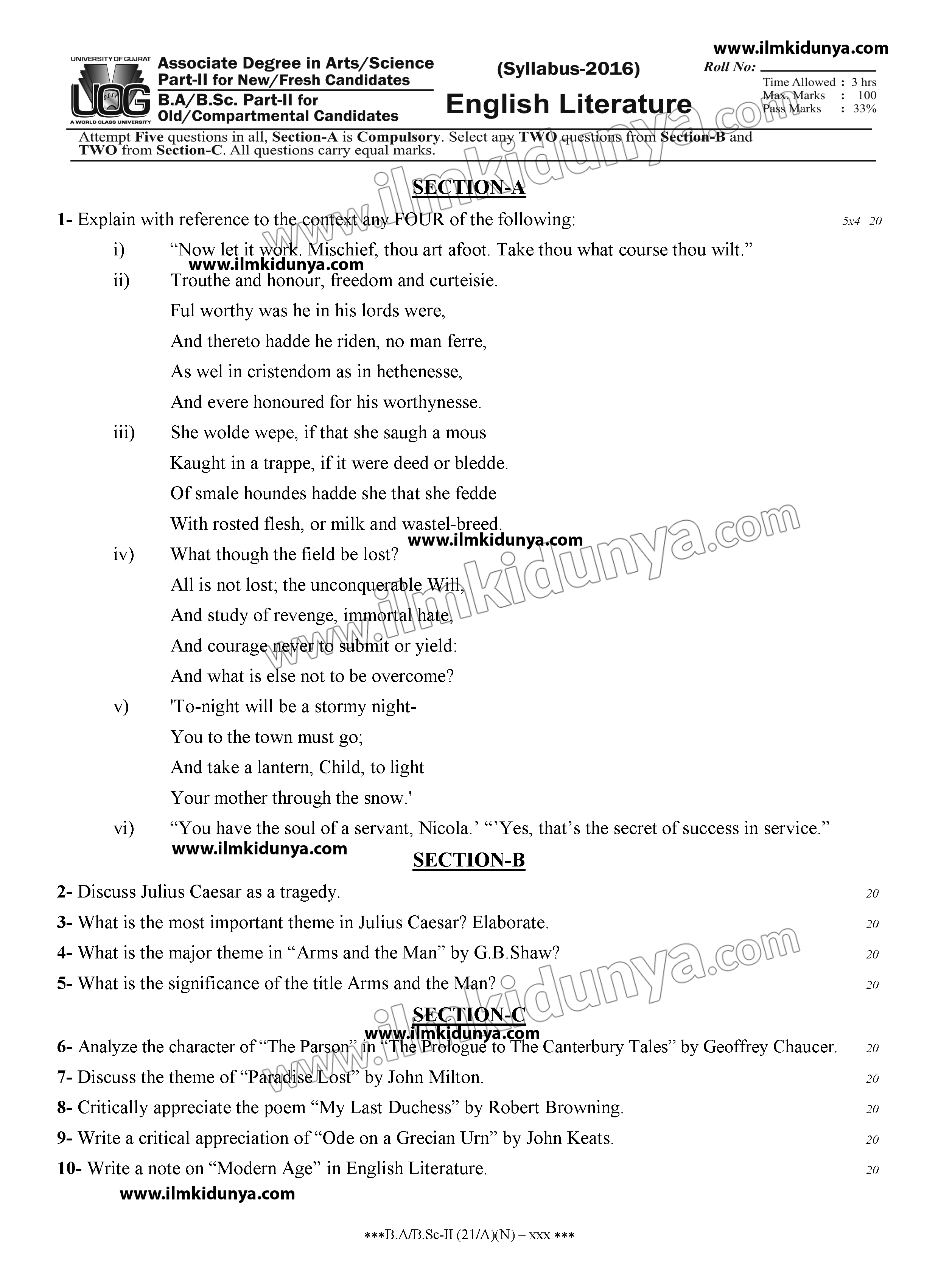 Past Paper BSC Part II New Syllabus University Of Gujrat English ...