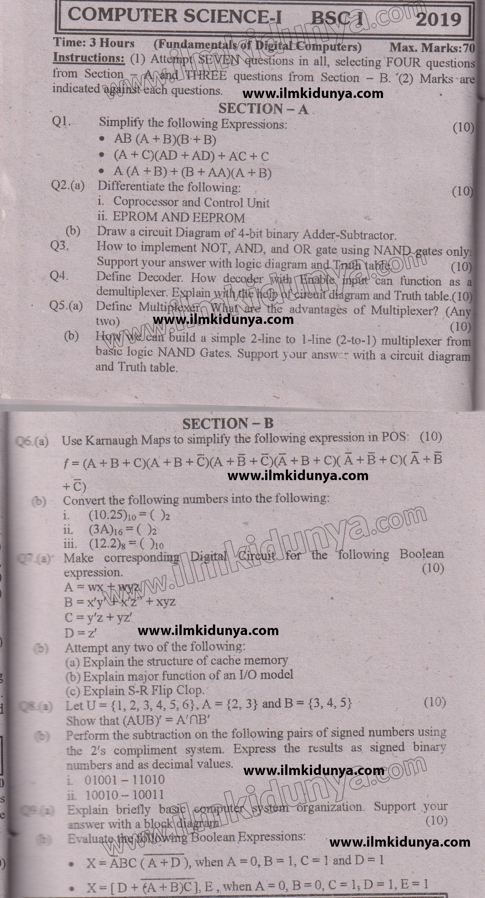 Past Paper 2019 Karachi University B.Sc Part 1 Computer Science I ...