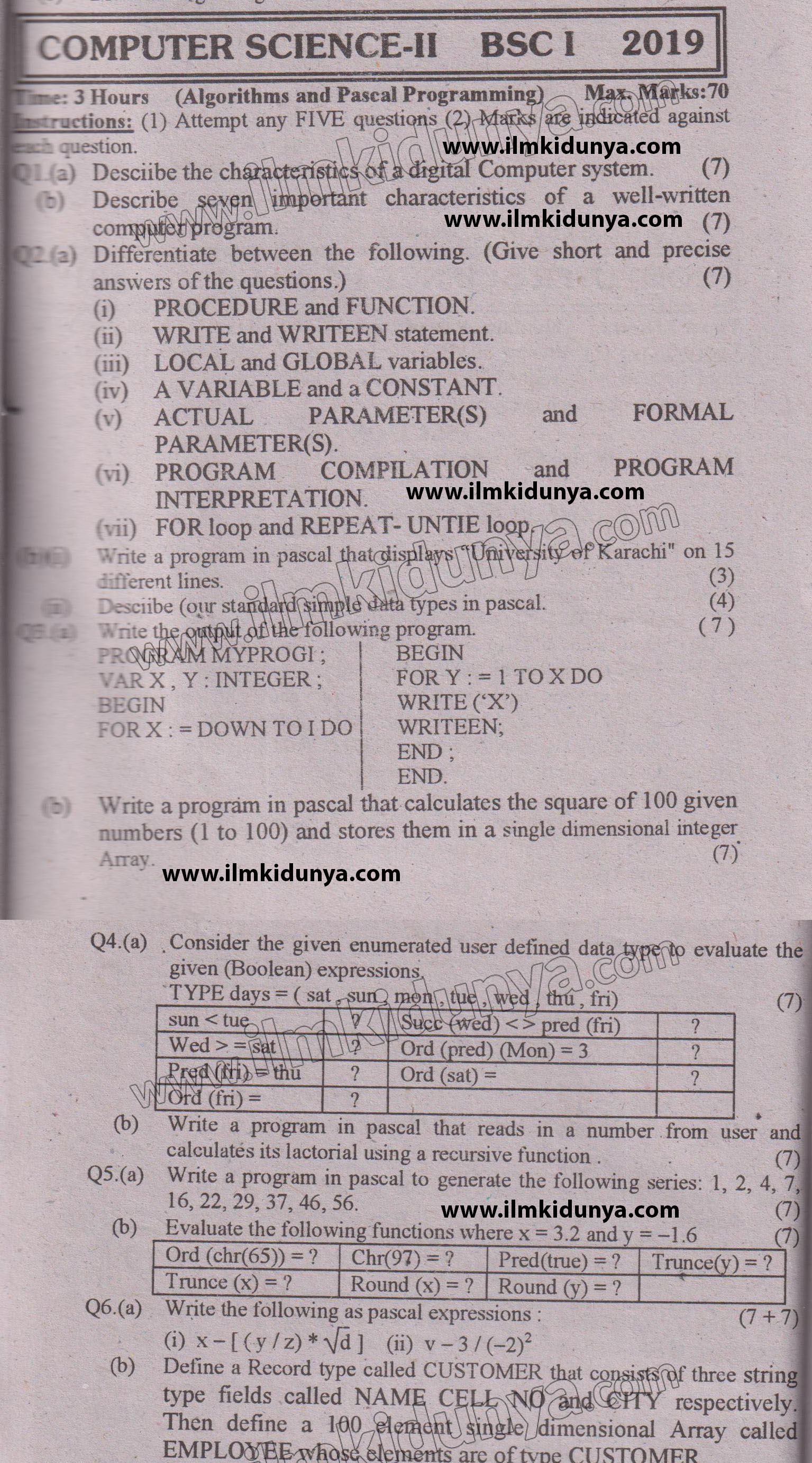Past Paper 2019 Karachi University B.Sc Part 1 Computer Science II ...