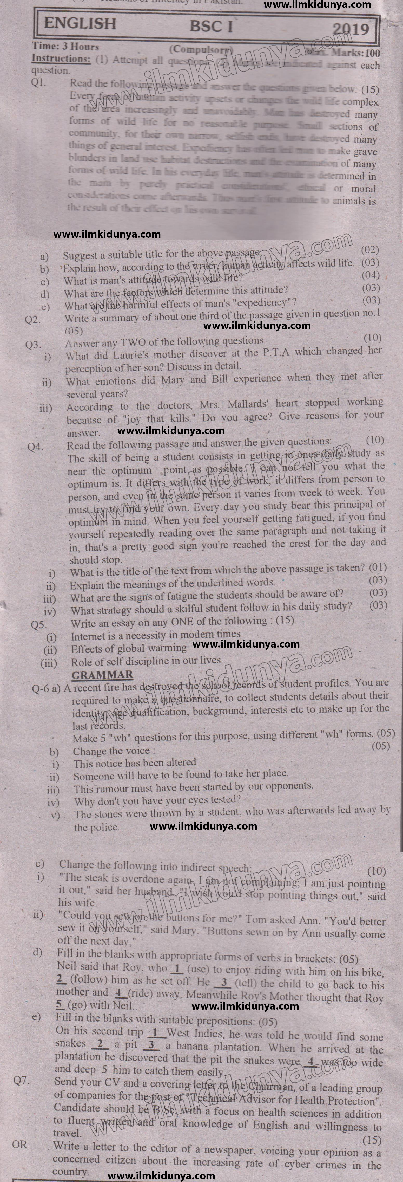 Past Paper 2019 Karachi University B.Sc Part 1 English Subjective