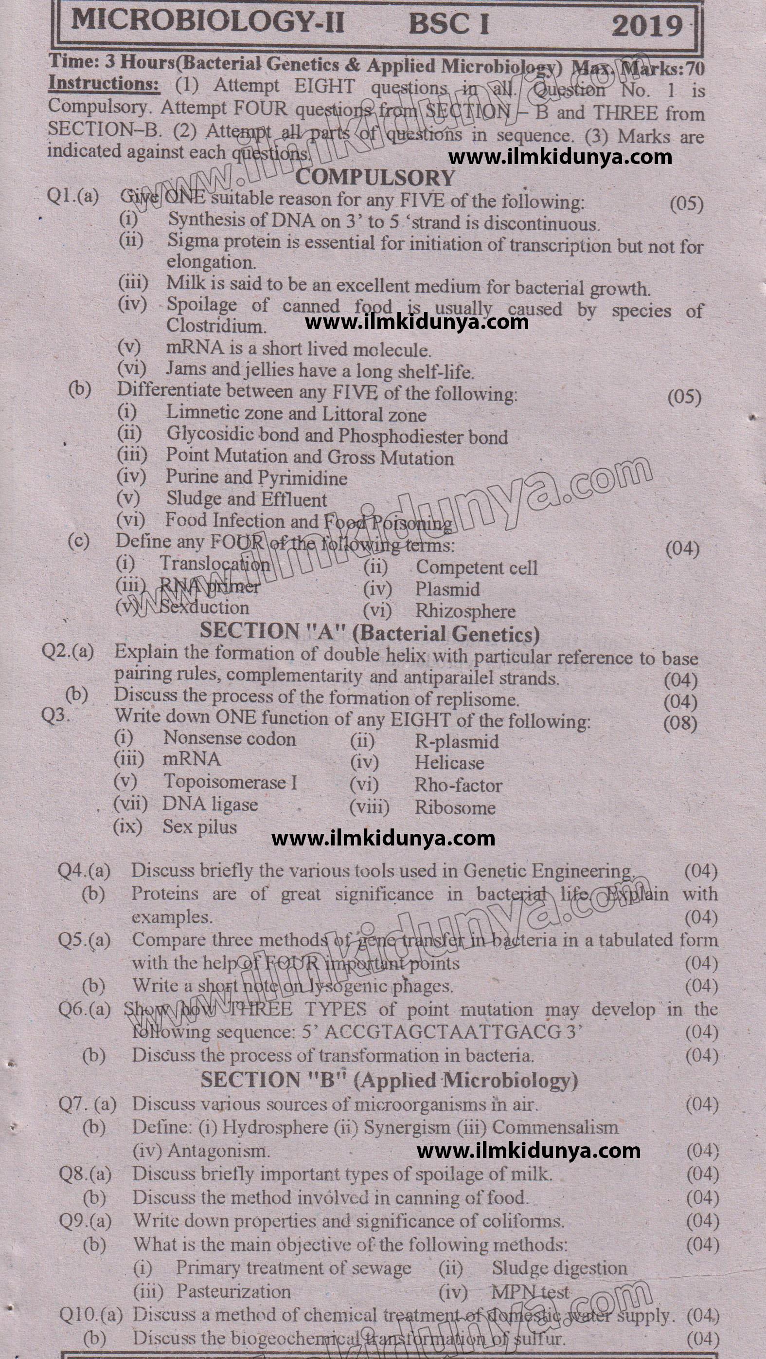 Past Paper 2019 Karachi University B.Sc Part 1 Microbiology II Subjective