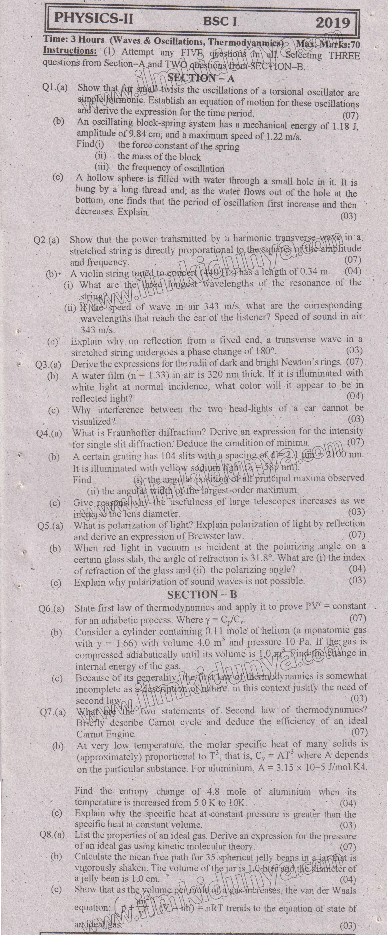 Past Paper 2019 Karachi University B.Sc Part 1 Physics II Subjective